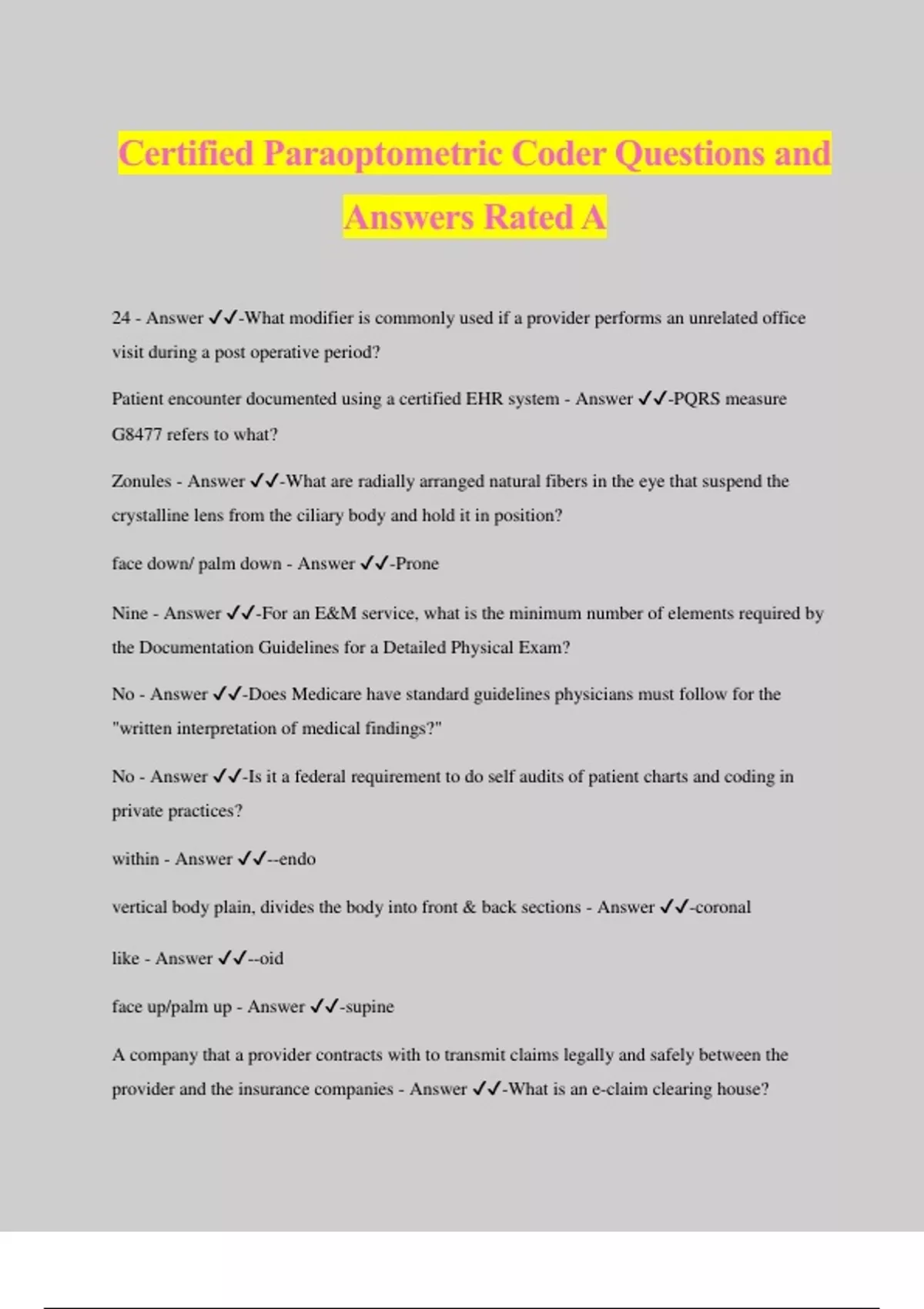 Certified Paraoptometric Coder Questions and Answers Rated A ...