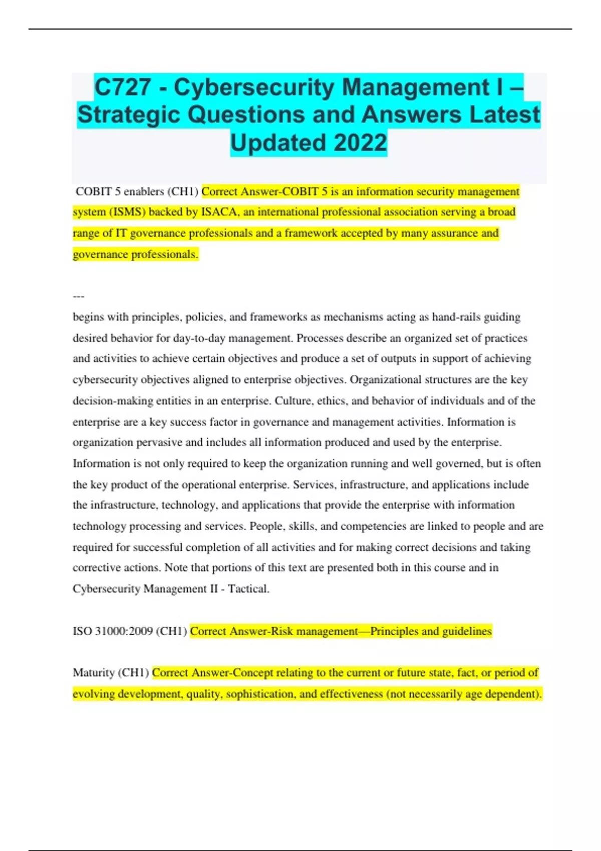 C727 - Cybersecurity Management I – Strategic Questions and Answers ...