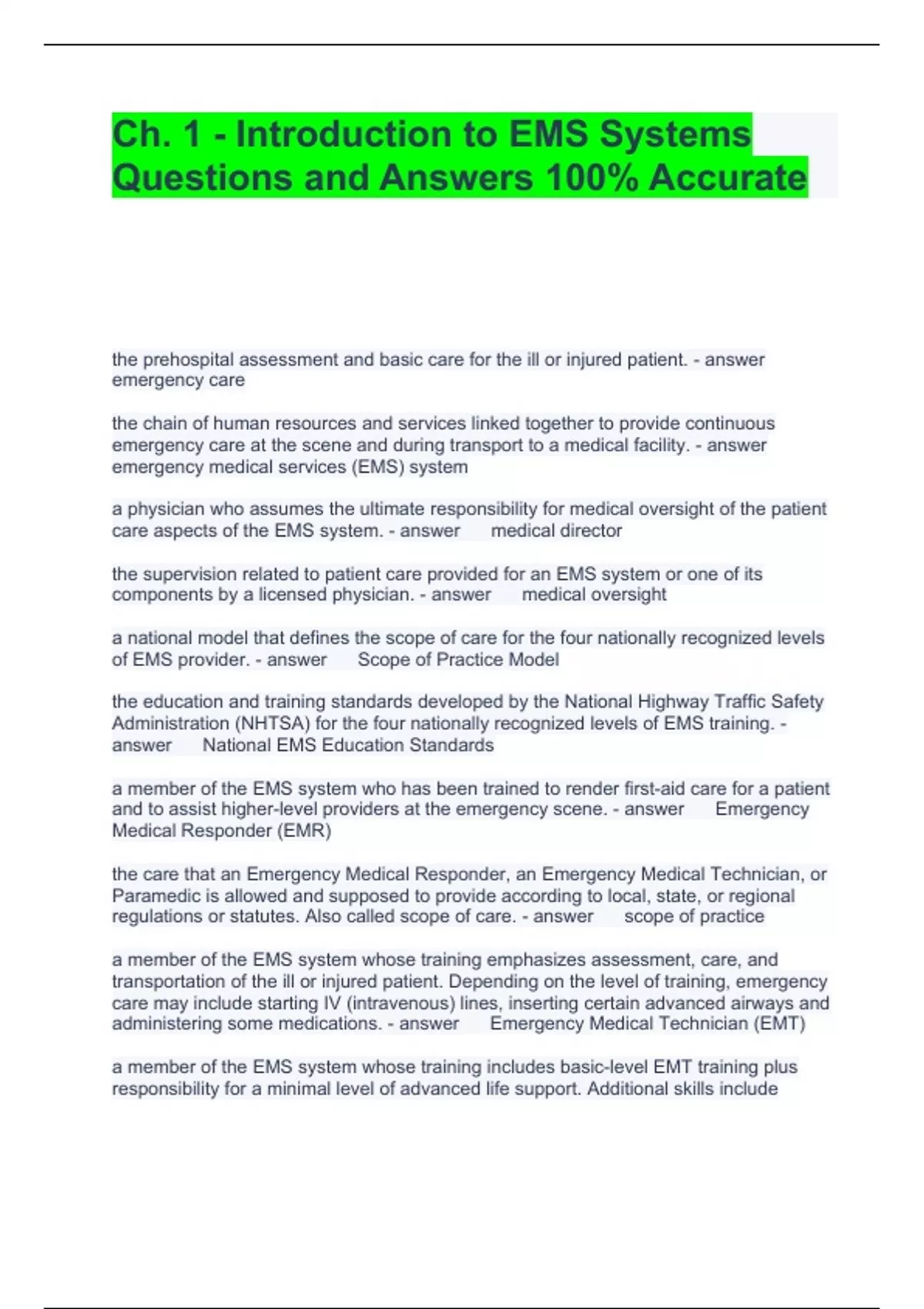 Ch. 1 - Introduction to EMS Systems Questions and Answers 100% Accurate ...