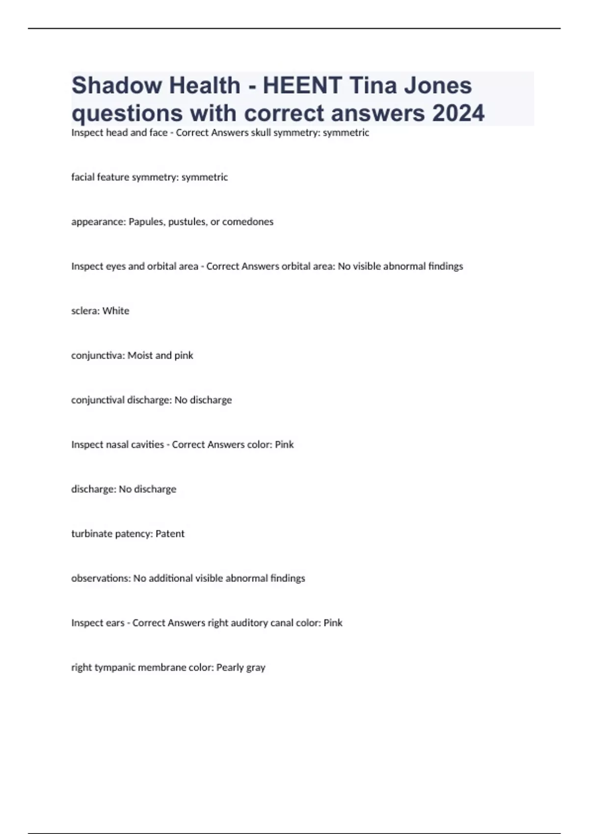 Shadow Health - HEENT Tina Jones questions with correct answers 2024 ...