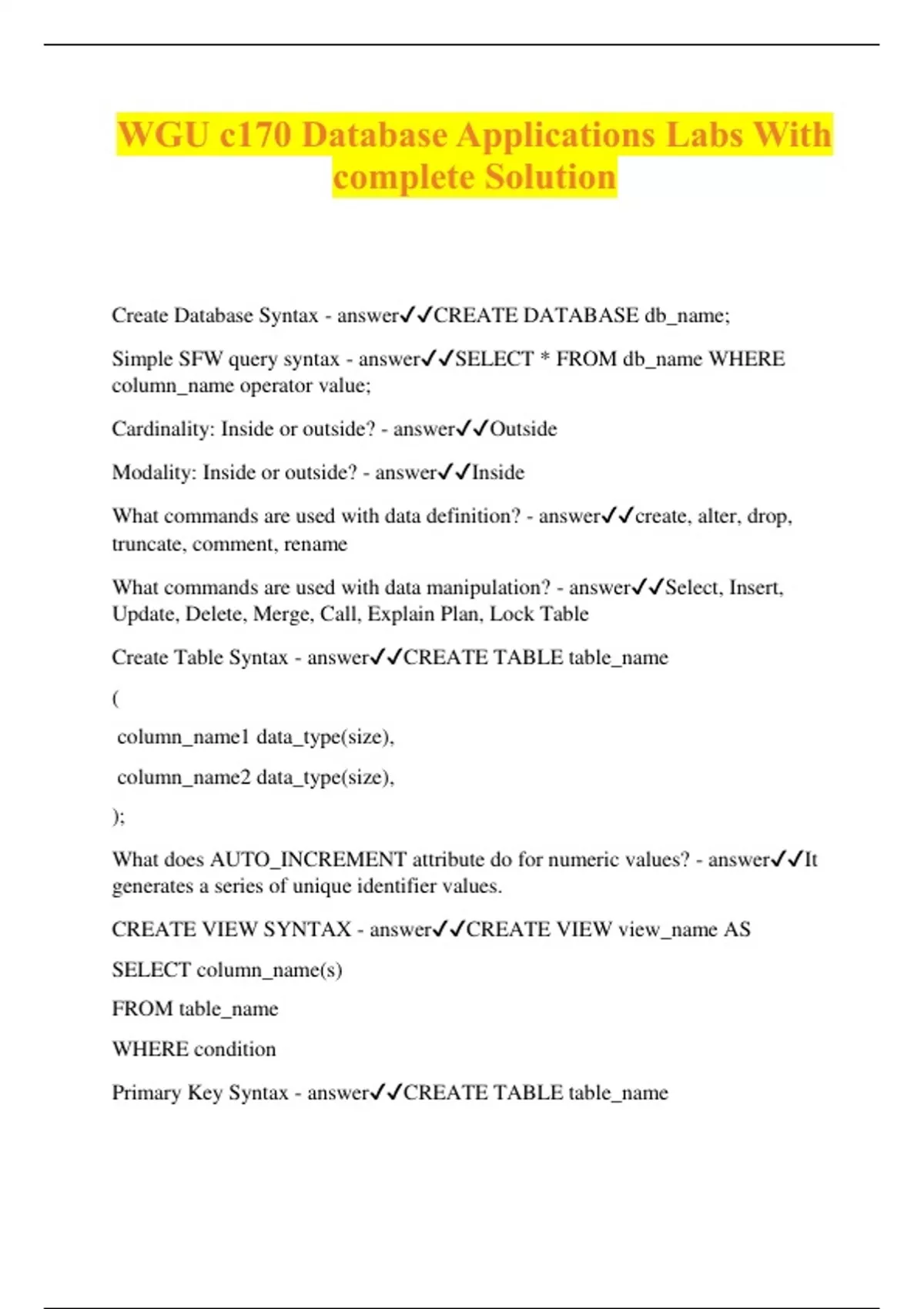 WGU c170 Database Applications Labs With complete Solution - WGU - Stuvia US