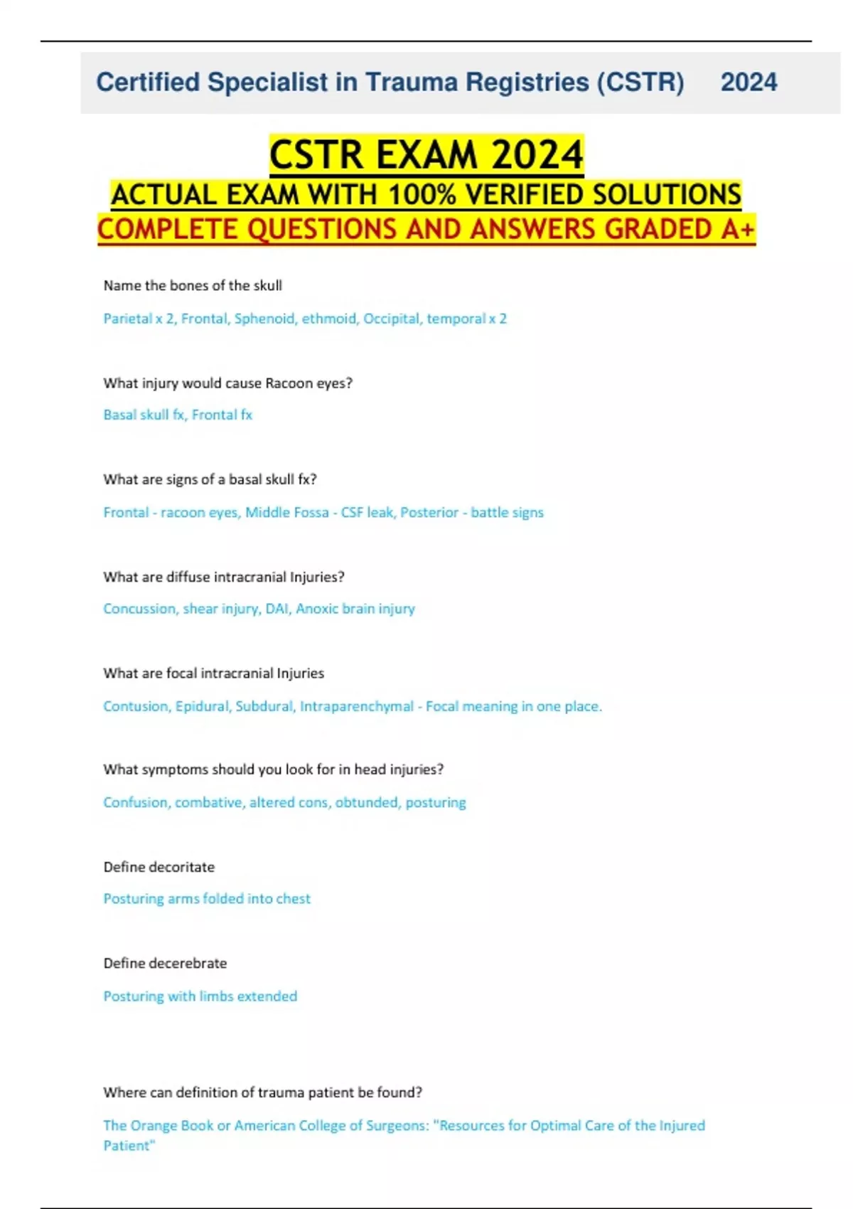 CSTR EXAM 2024 ACTUAL EXAM WITH 100% VERIFIED SOLUTIONS COMPLETE QUESTIONS AND ANSWERS GRADED A+ ...