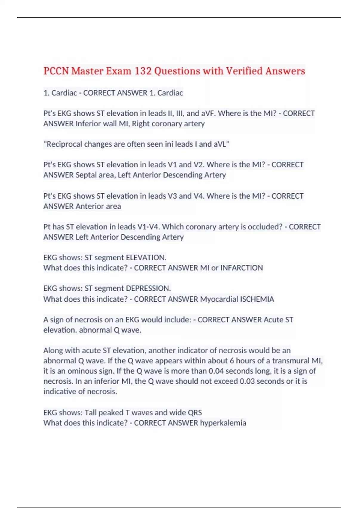 PCCN Master Exam 132 Questions with Verified Answers,100% CORRECT ...