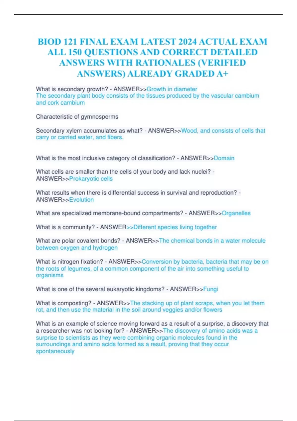 BIOD 121 FINAL EXAM LATEST 2024 ACTUAL EXAM ALL 150 QUESTIONS AND ...