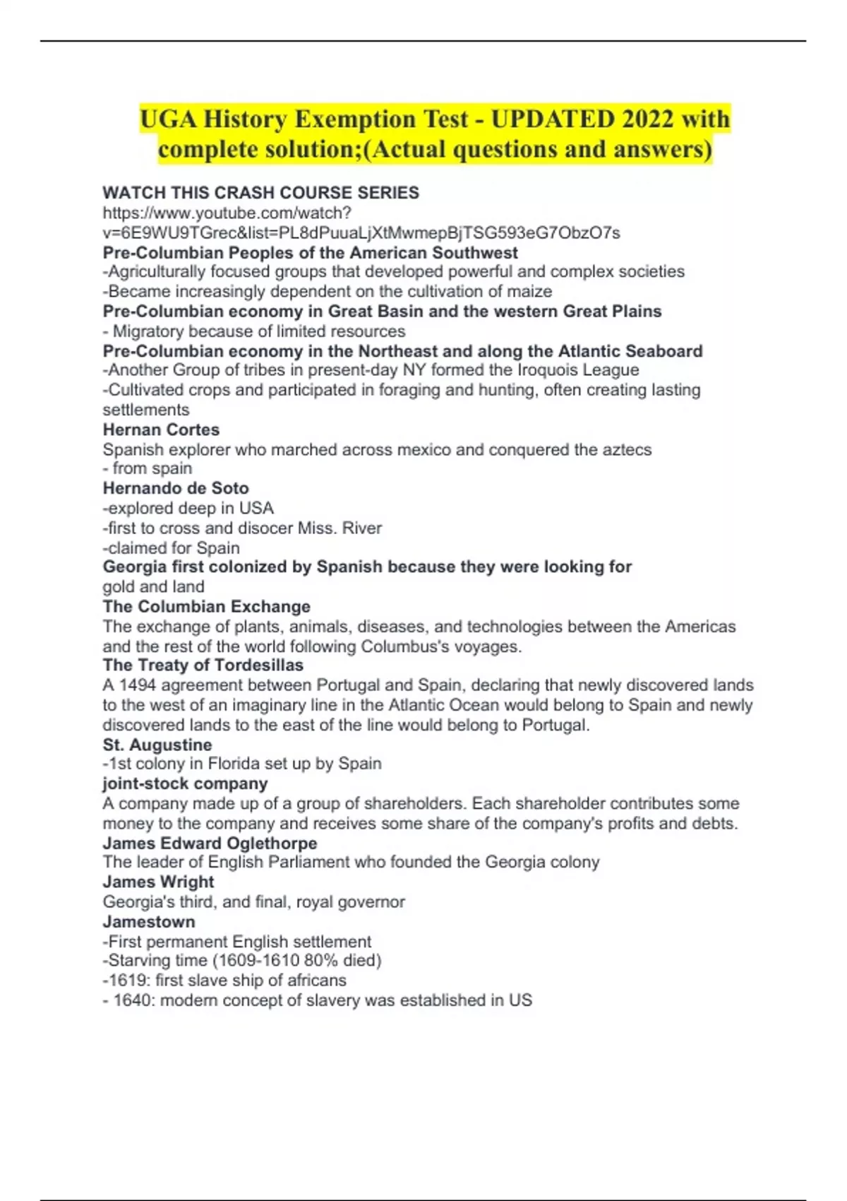 UGA History Exemption Test - UPDATED 2022 with complete solution ...