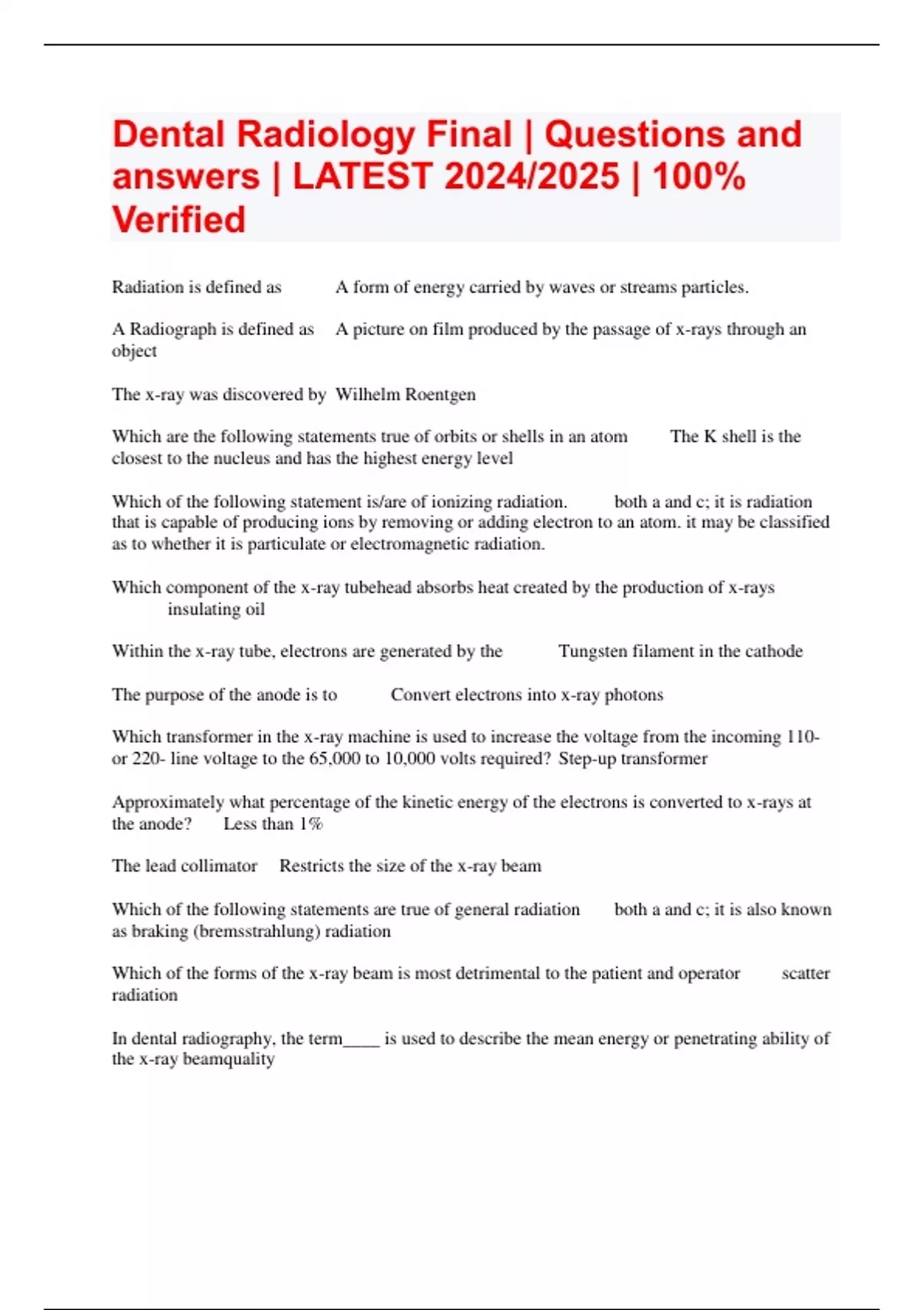 Dental Radiology Final | Questions and answers | LATEST 2024/2025 | 100 ...