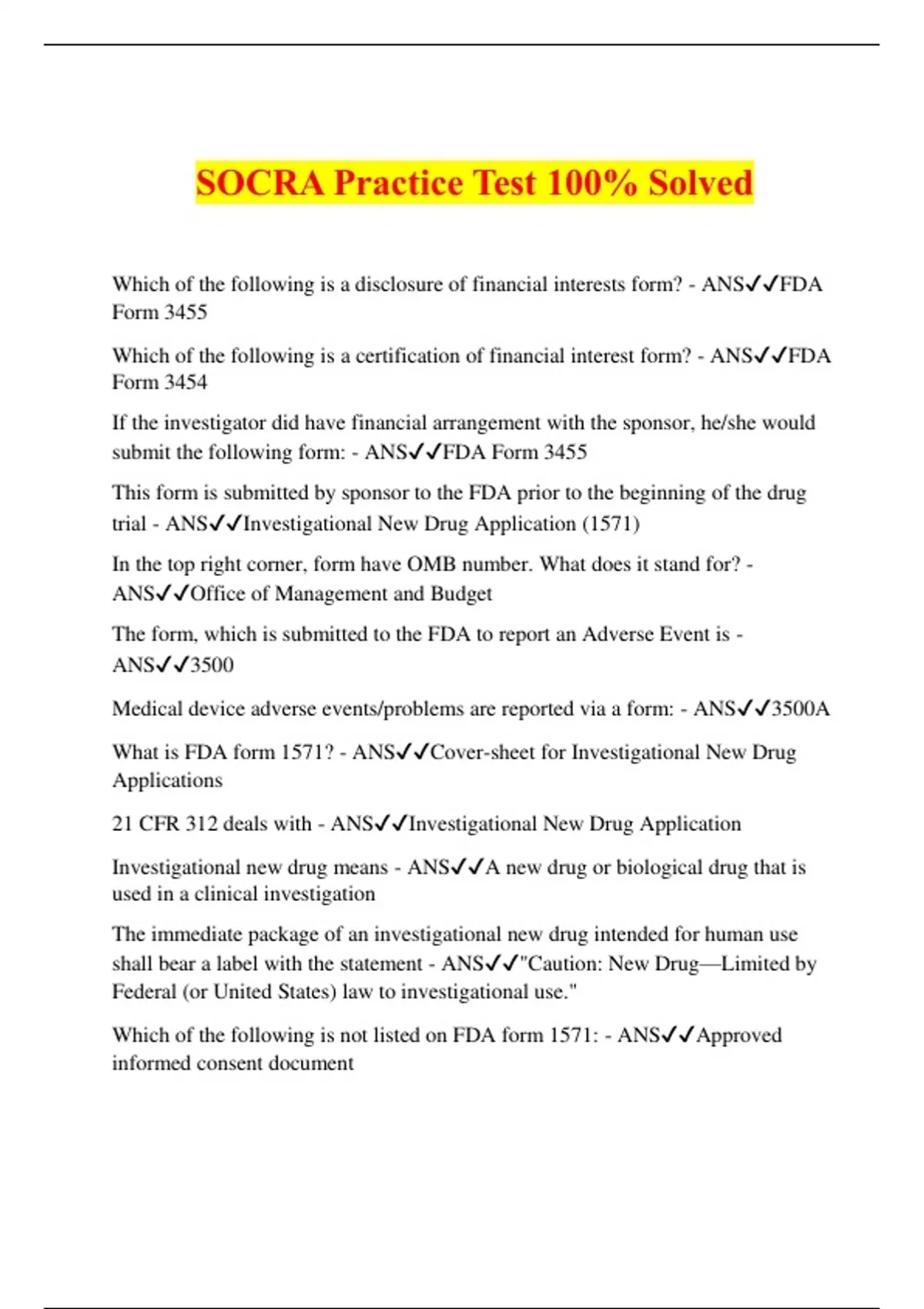 SOCRA Practice Test Latest Updated Graded A+ - SOCRA - Stuvia US