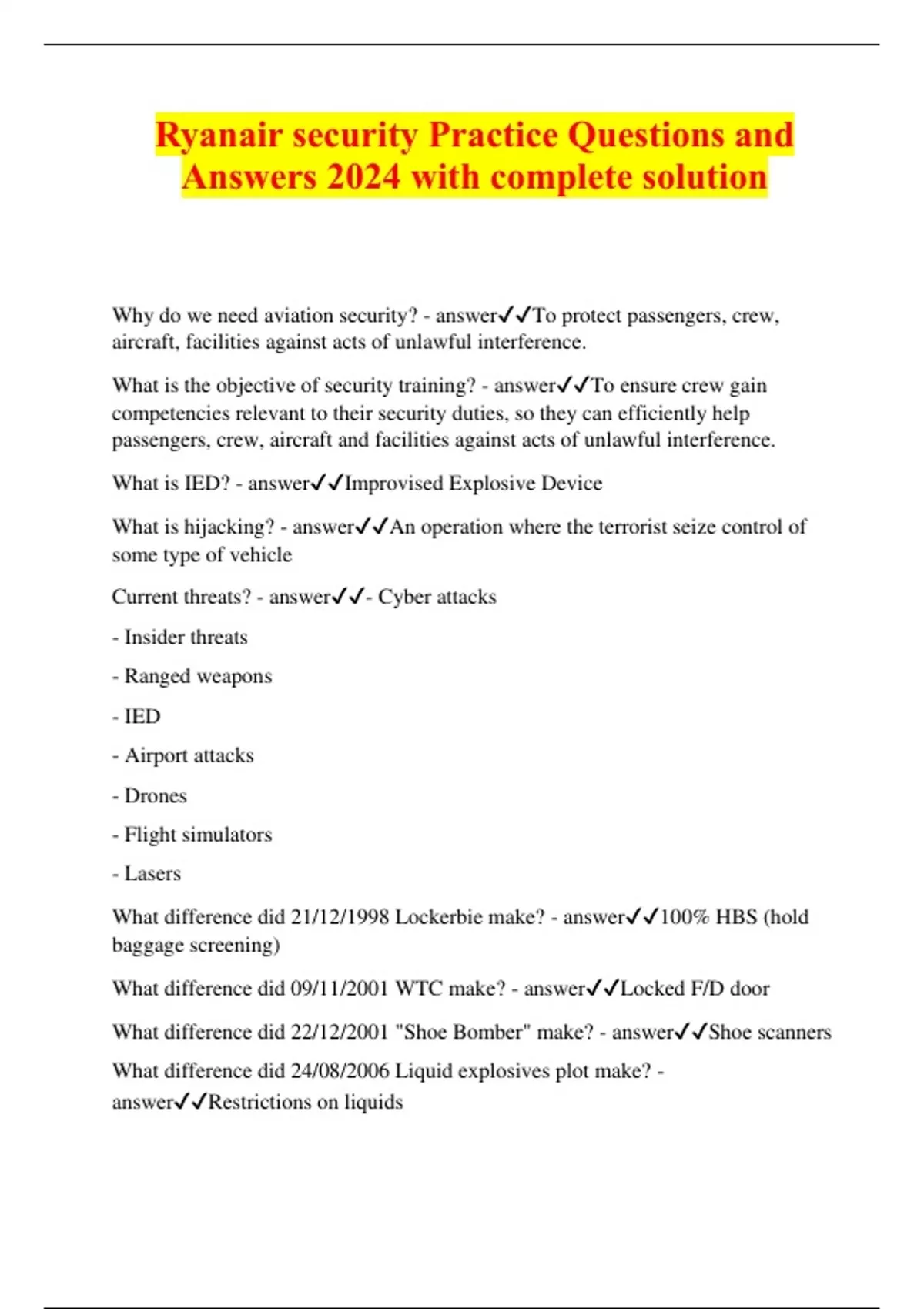 Ryanair security Practice Questions and Answers 2024 with complete solution - Ryanair - Stuvia US