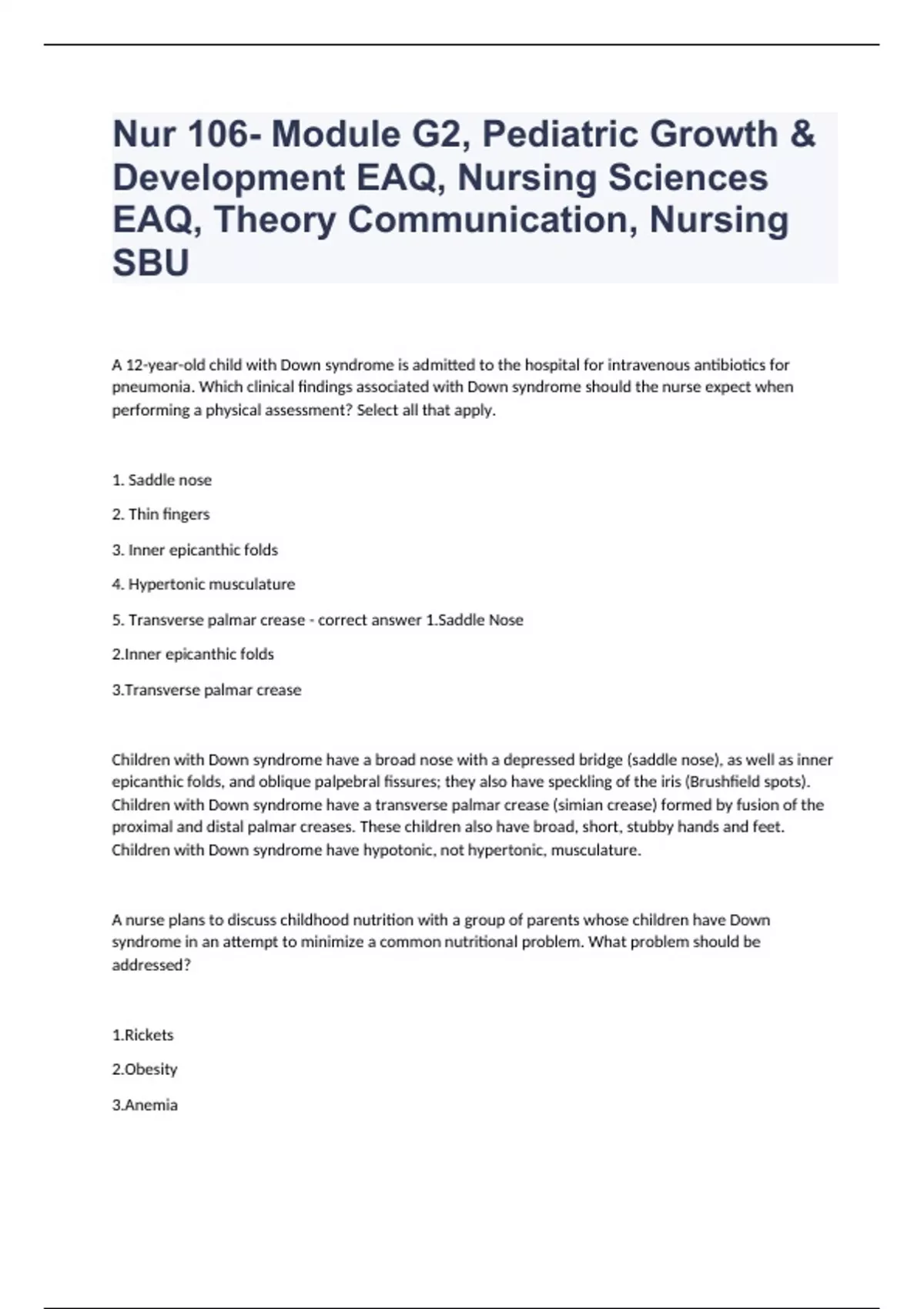 Nur 106- Module G2, Pediatric Growth & Development EAQ, Nursing Sciences EAQ, Theory ...