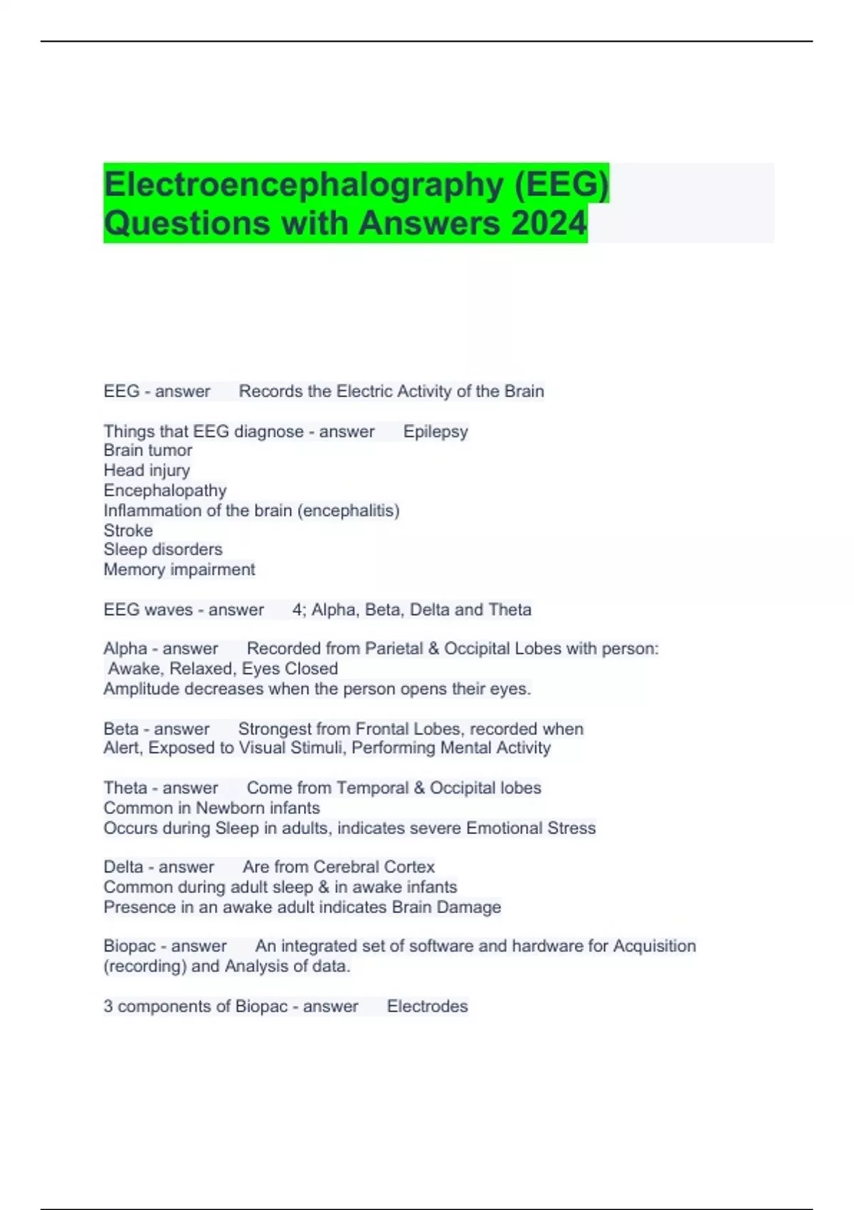 Electroencephalography (EEG) Questions with Answers 2024 - EEG - Stuvia US