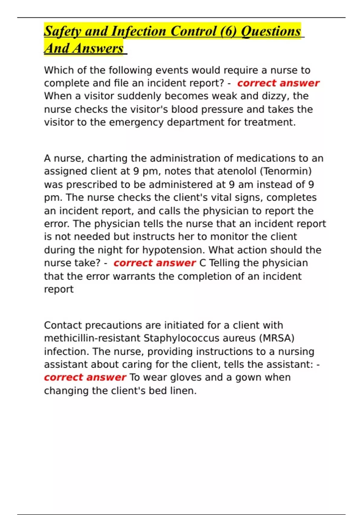 Safety and Infection Control (6) Questions And Answers - Safety and ...