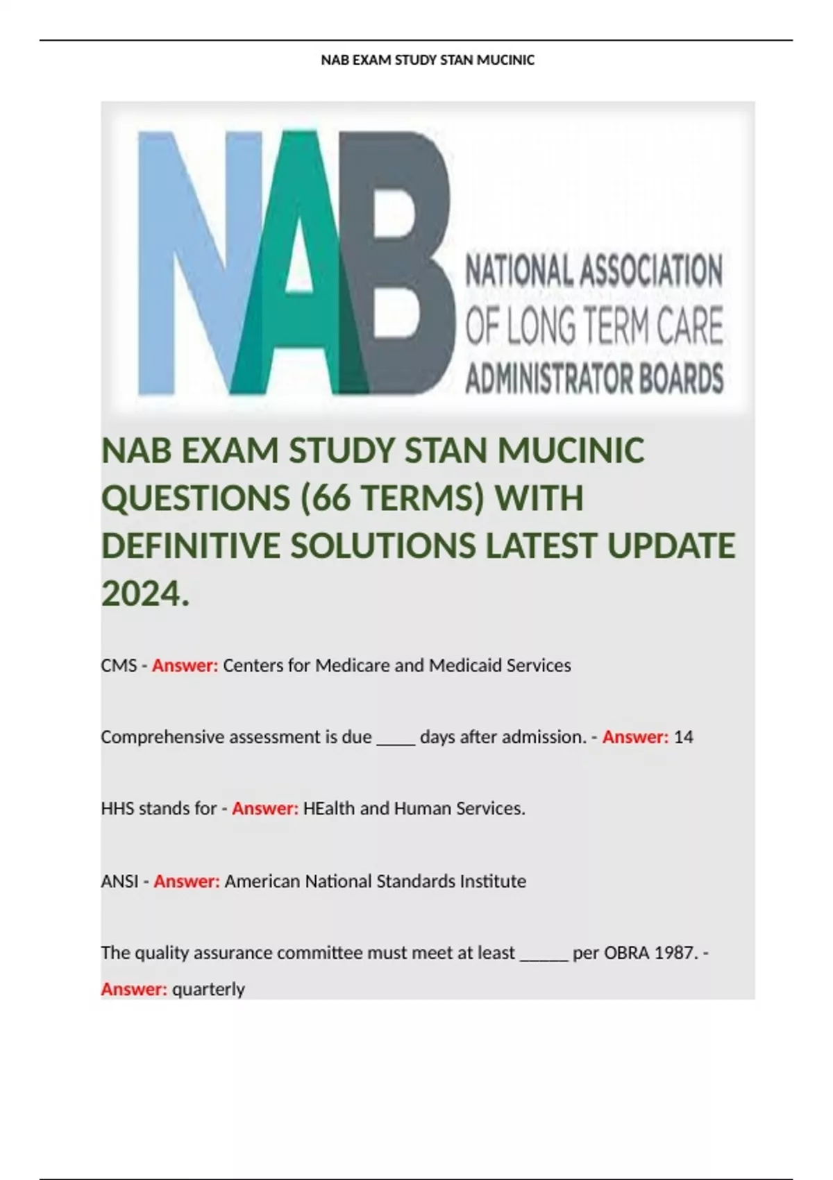 NAB EXAM STUDY STAN MUCINIC QUESTIONS (66 TERMS) WITH DEFINITIVE ...