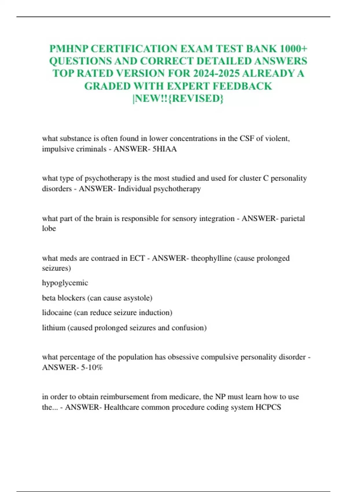 PMHNP CERTIFICATION EXAM TEST BANK 1000+ QUESTIONS AND CORRECT DETAILED ...