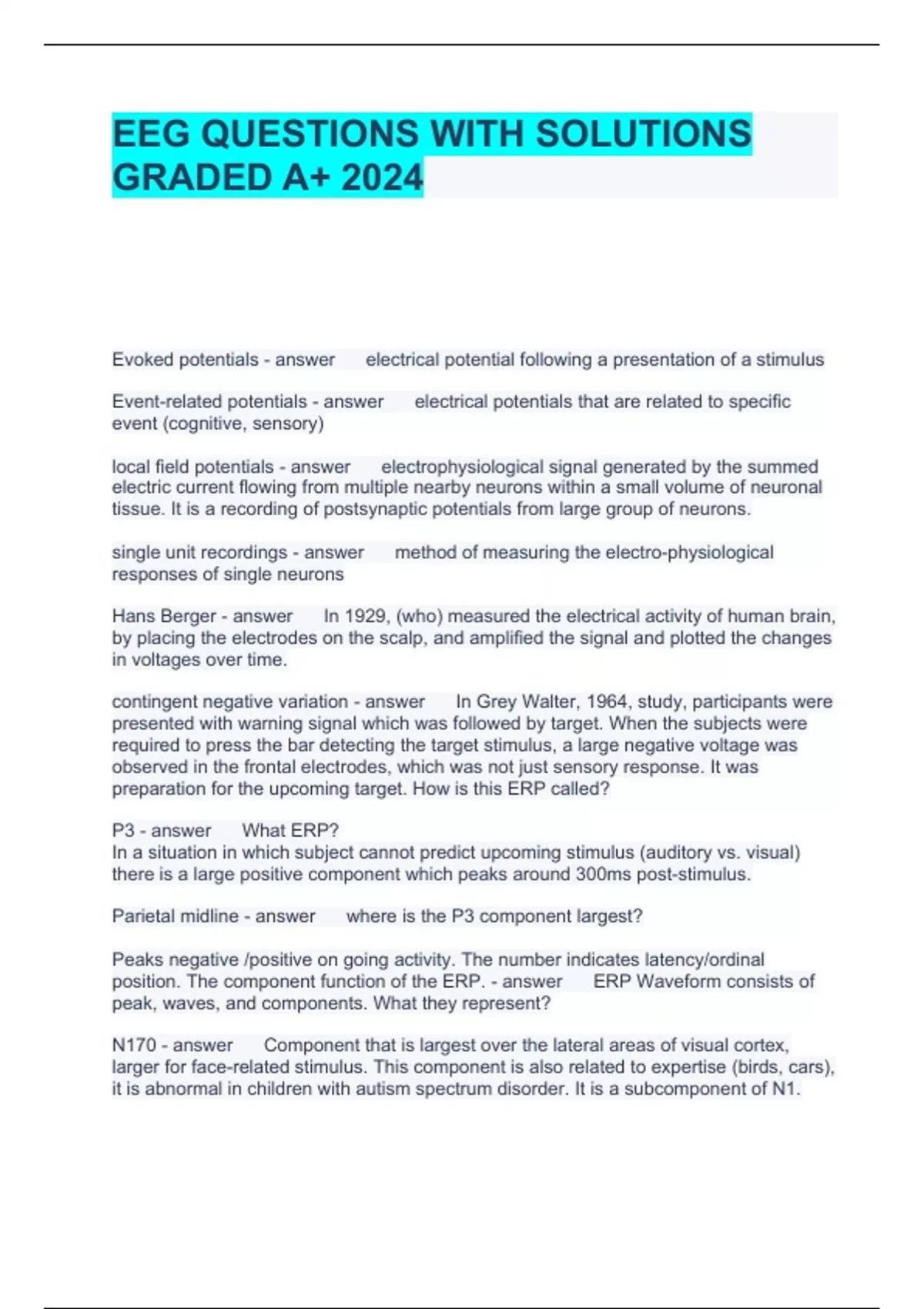 EEG QUESTIONS WITH SOLUTIONS GRADED A+ 2024 - EEG - Stuvia UK