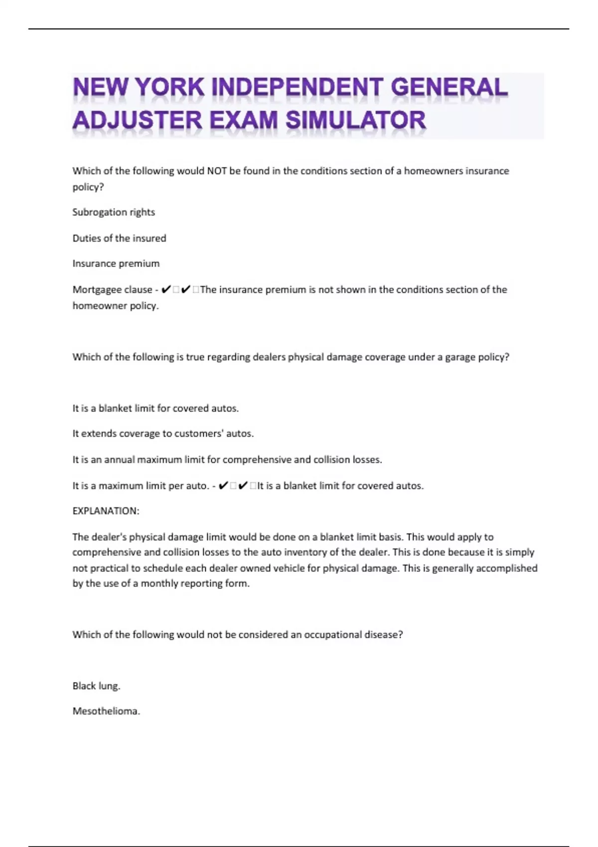 NEW YORK INDEPENDENT GENERAL ADJUSTER EXAM SIMULATOR 85 QUESTIONS AND ...