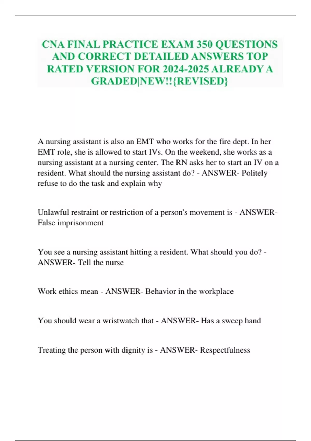 CNA FINAL PRACTICE EXAM 350 QUESTIONS AND CORRECT DETAILED ANSWERS TOP ...