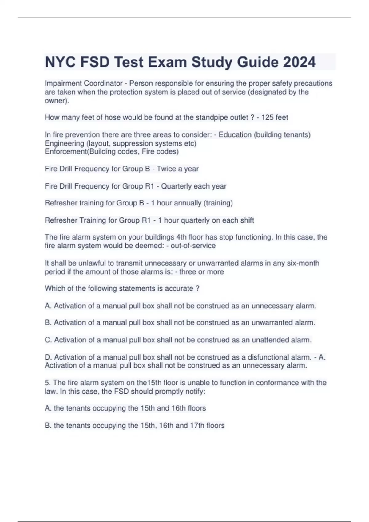 NYC FSD Test Exam Study Guide 2024 - NYC FSD - Stuvia US