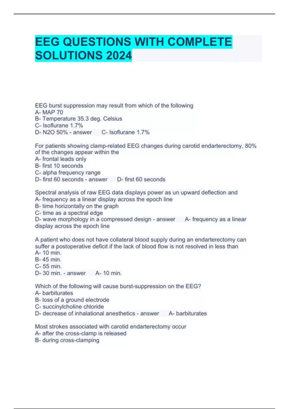 EEG QUESTIONS WITH COMPLETE SOLUTIONS 2024 - EEG - Stuvia US