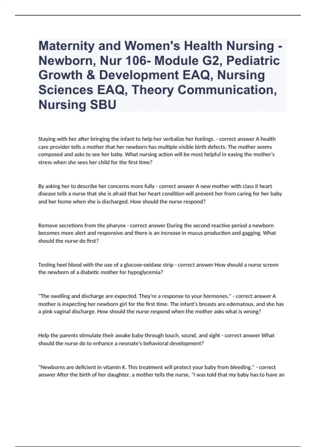 Maternity and Women's Health Nursing - Newborn, Nur 106- Module G2 ...