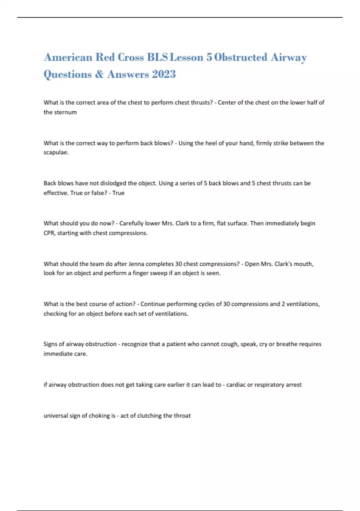 American Red Cross BLS Lesson 5 Obstructed Airway Questions & Answers ...