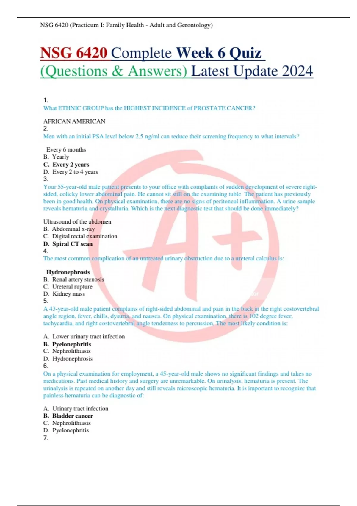 NSG 6420 Complete Week 6 Quiz (Questions & Answers) Latest Update 2024 ...
