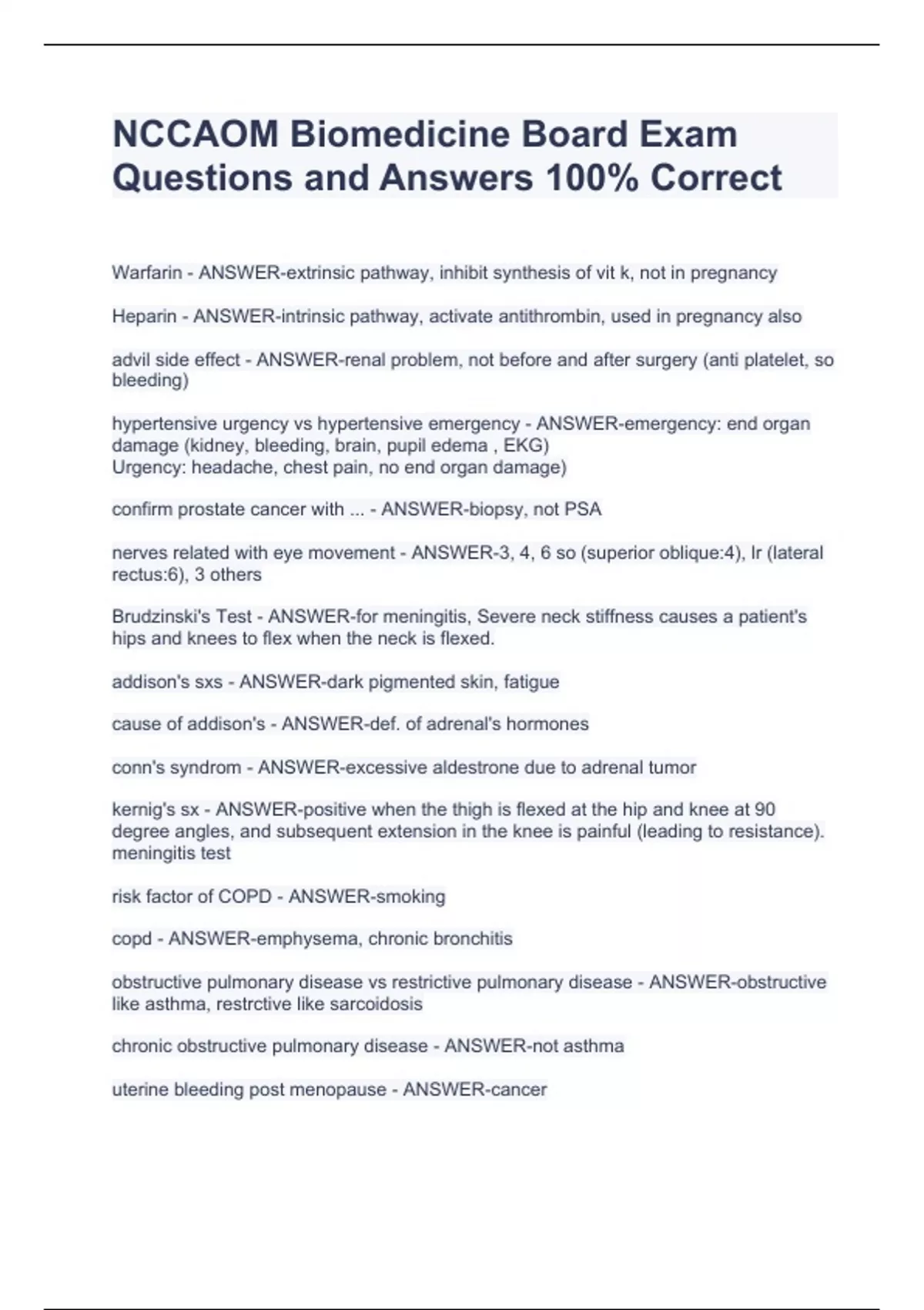 NCCAOM BIOMEDICINE BOARD EXAM PACKAGE DEAL WITH COMPLETE SOLUTIONS ...