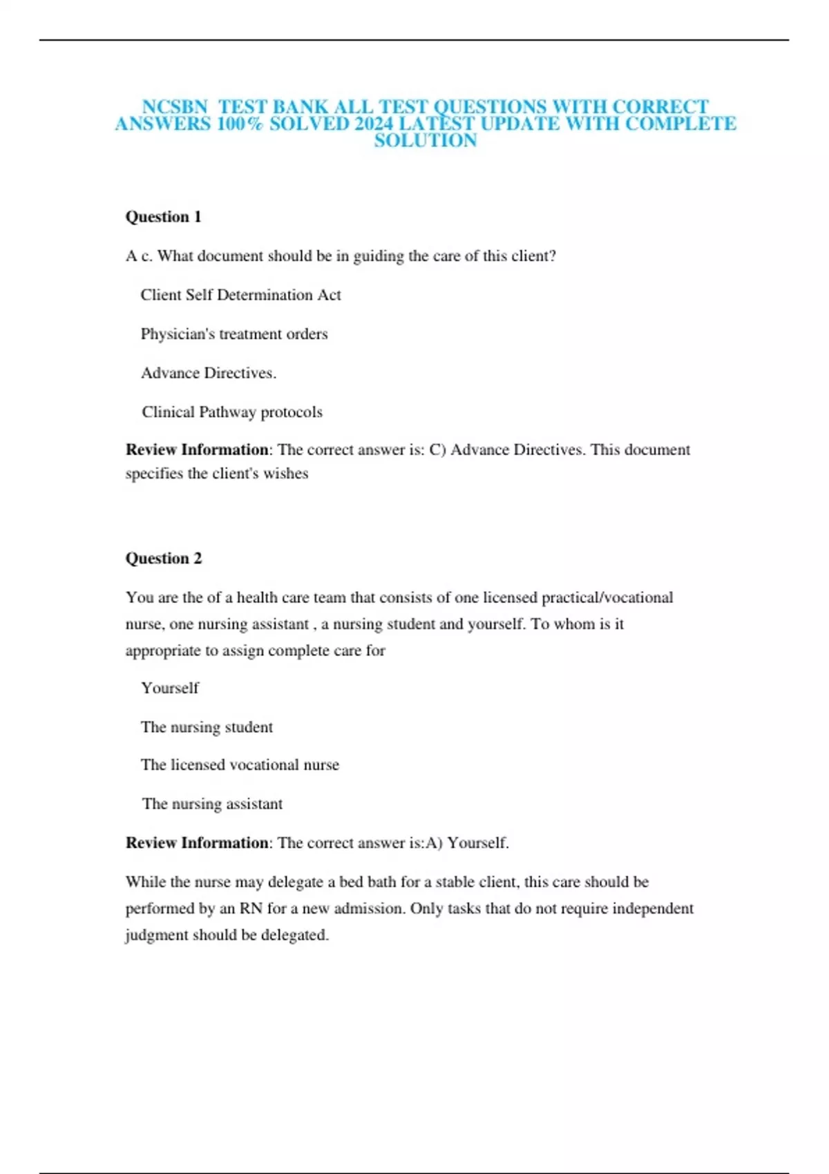 NCSBN TEST BANK ALL TEST QUESTIONS WITH CORRECT ANSWERS 100% SOLVED ...