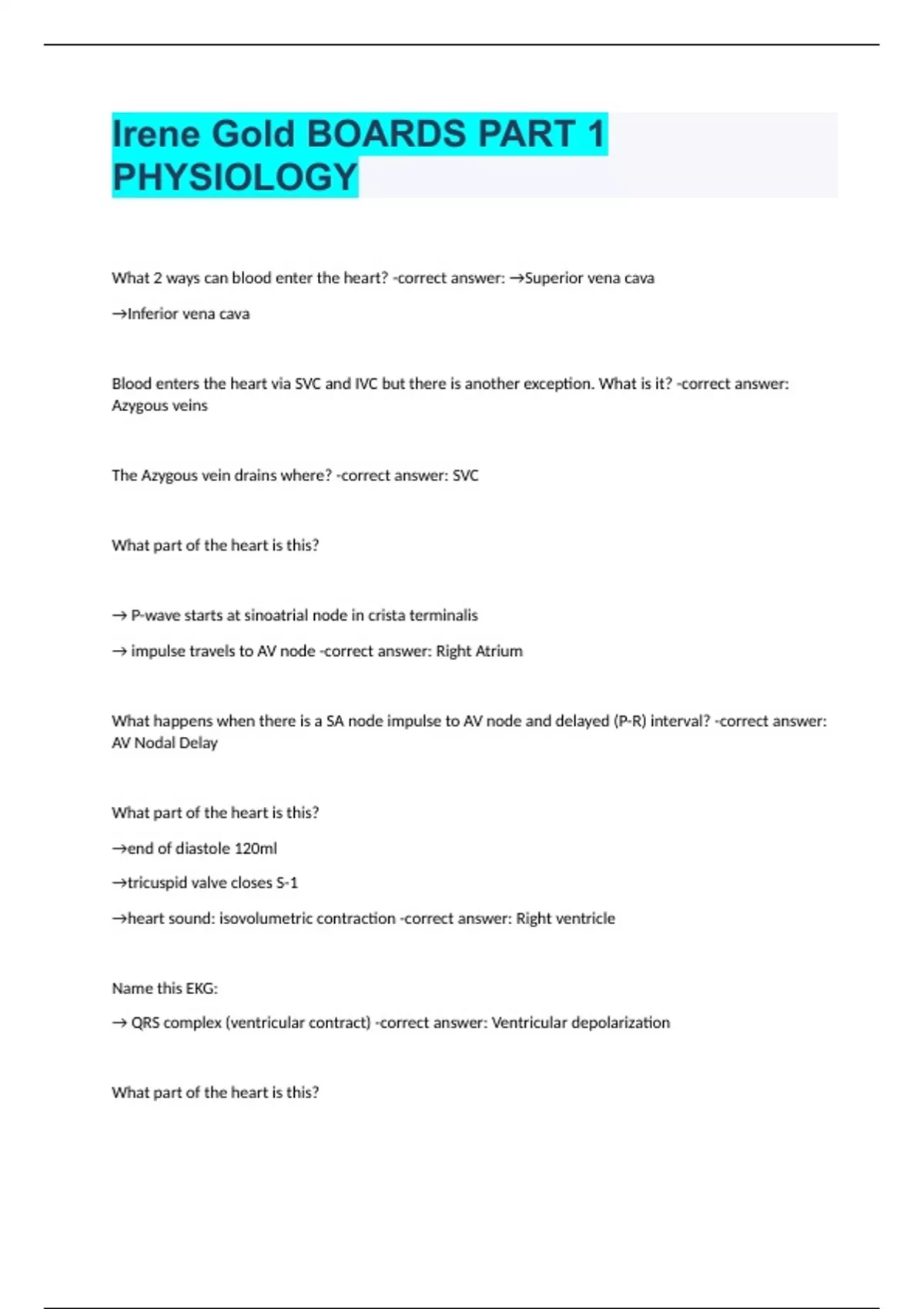 Irene Gold BOARDS PART 1 PHYSIOLOGY questions with answers - Irene Gold ...