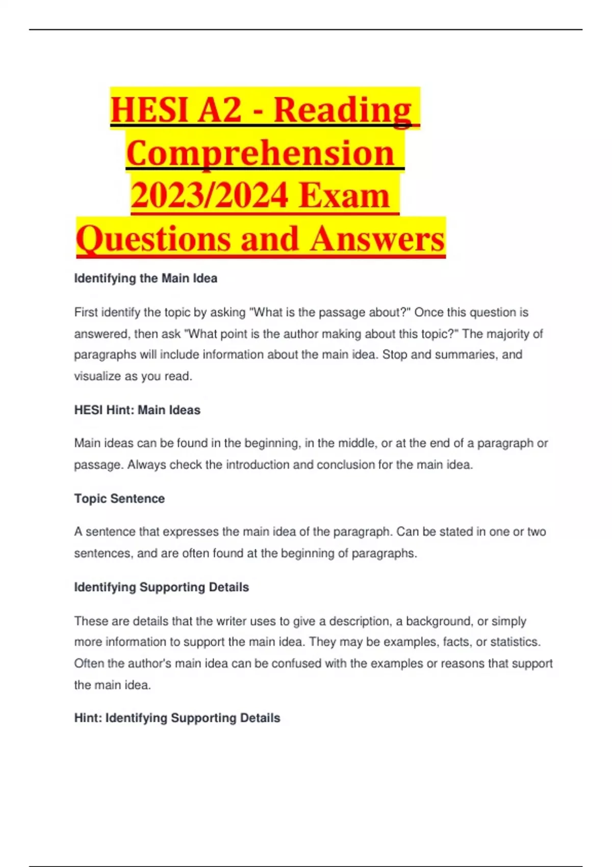 HESI A2 - Reading Comprehension 2023/2024 Exam Questions and Answers ...