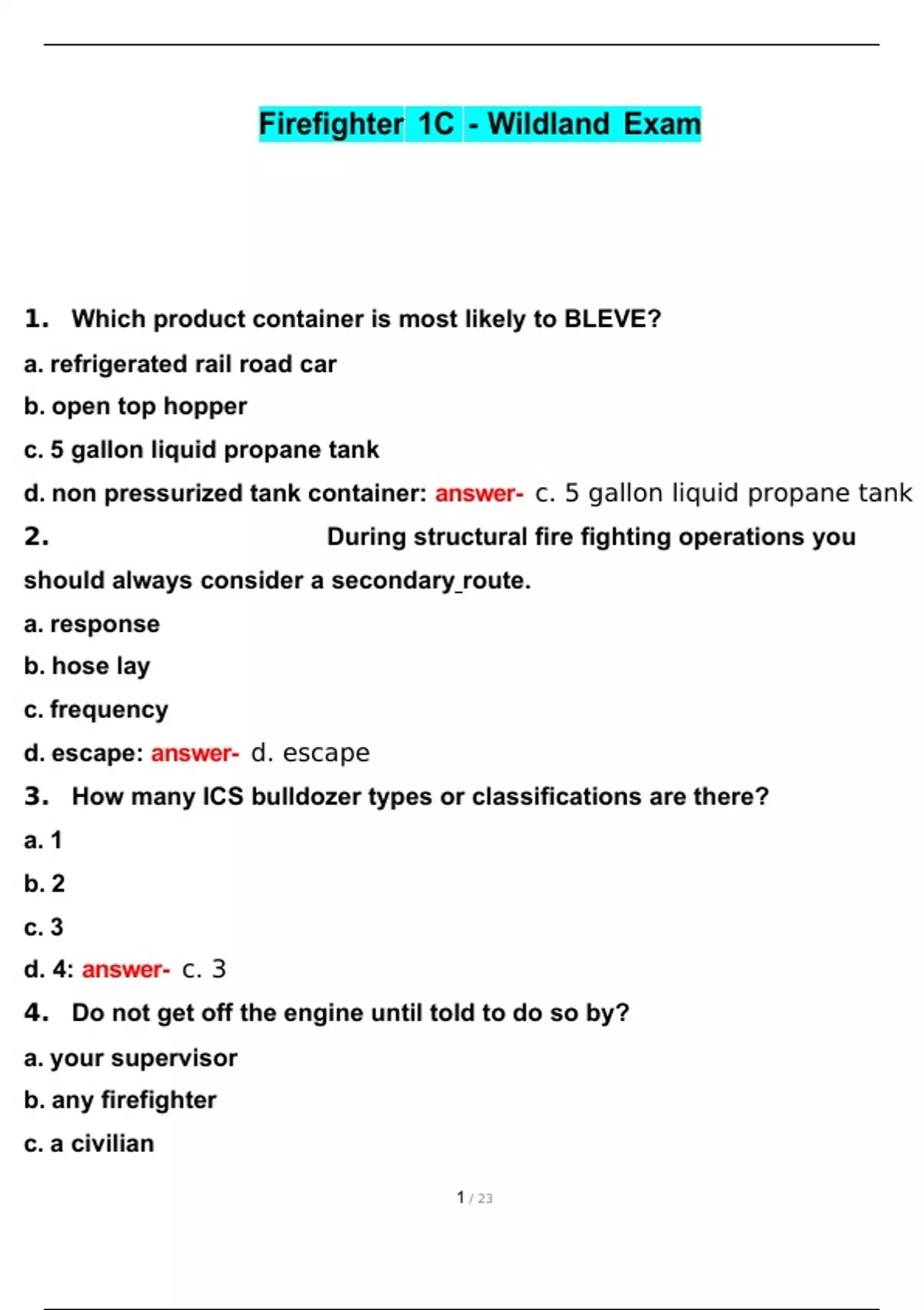 Firefighter 1C - Wildland Exam Actual Questions with answers 2024 ...