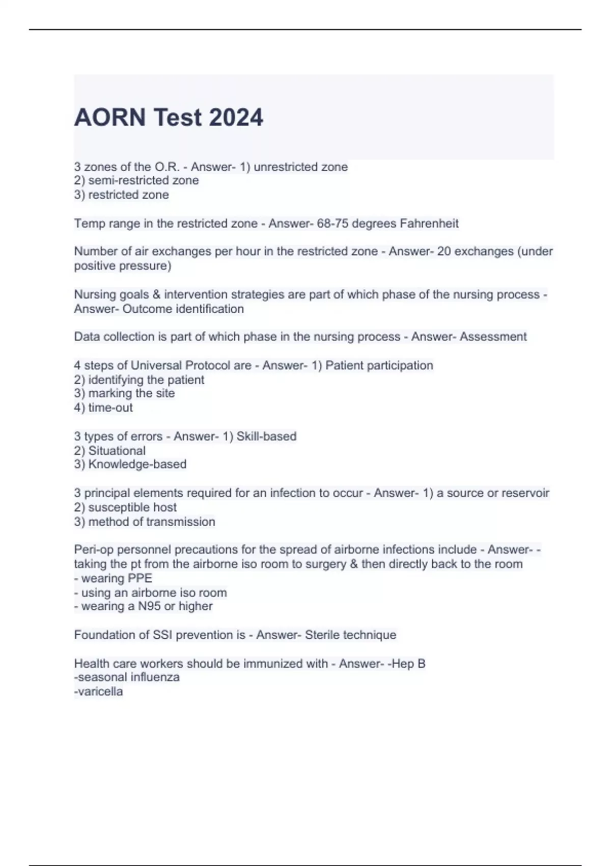 AORN Test 2024. Questions and Answers - AORN Periop 101 - Stuvia US