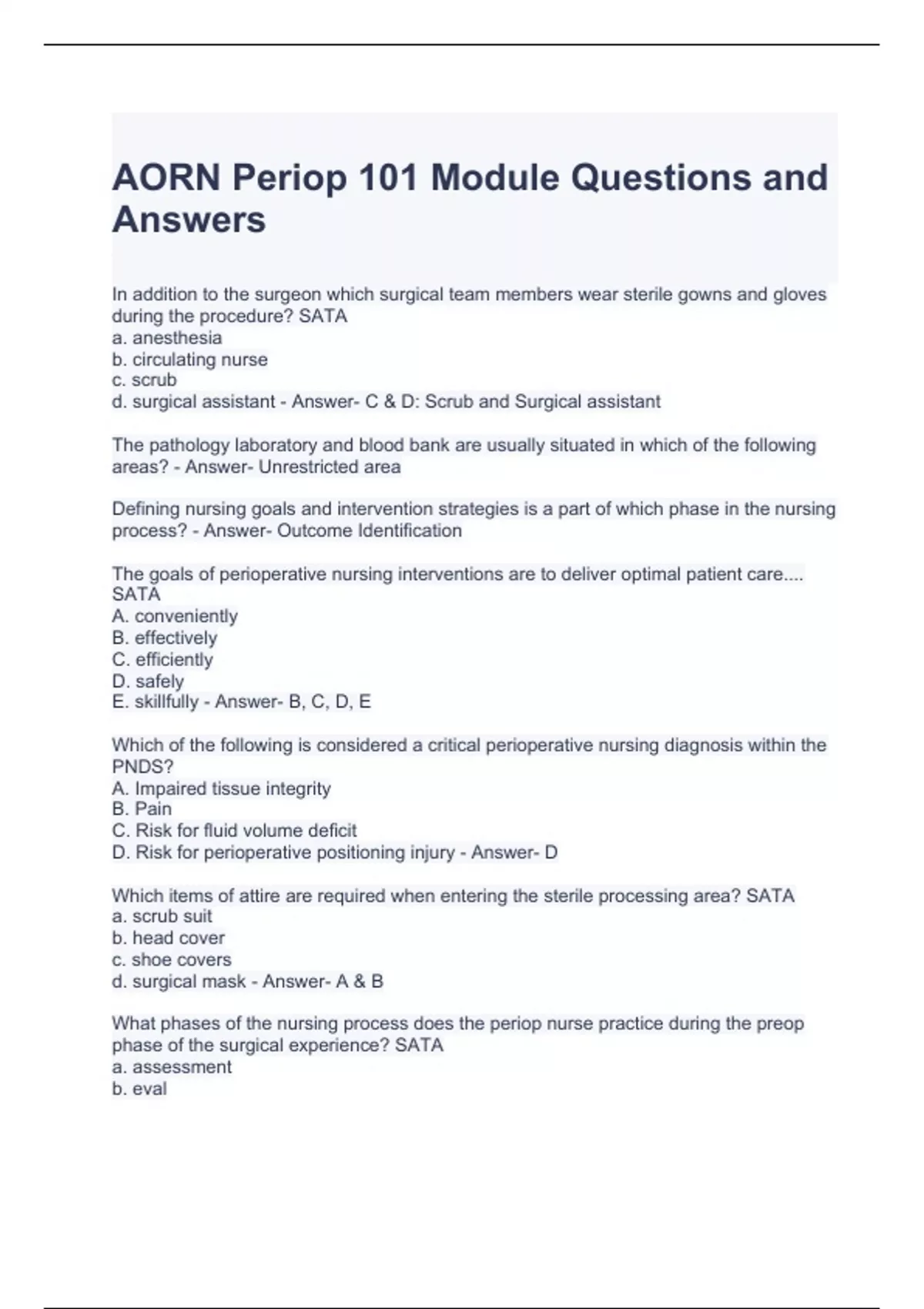 AORN Periop 101 Module Questions and Answers - AORN Periop 101 - Stuvia US
