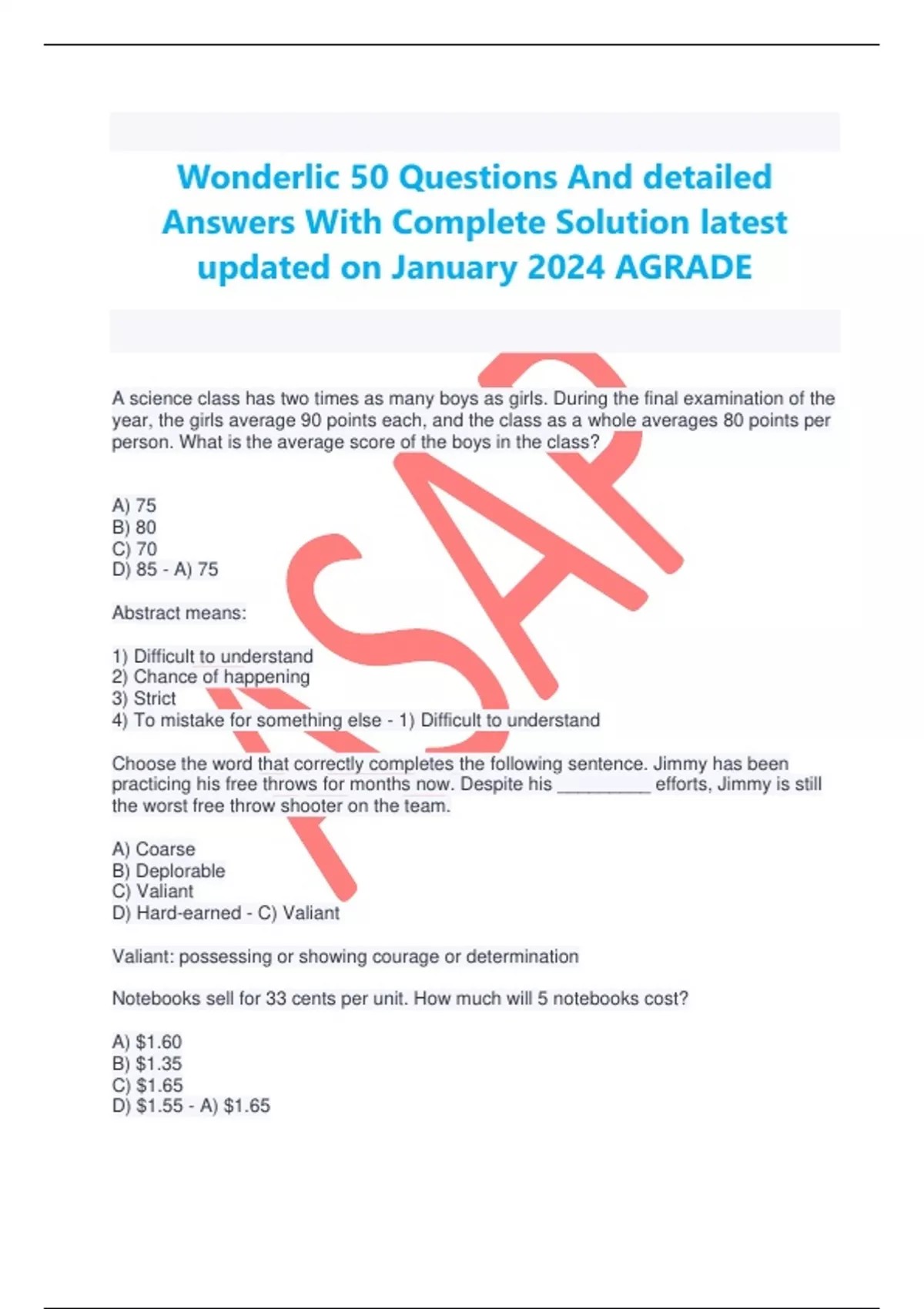 Wonderlic 50 Questions And detailed Answers With Complete Solution ...