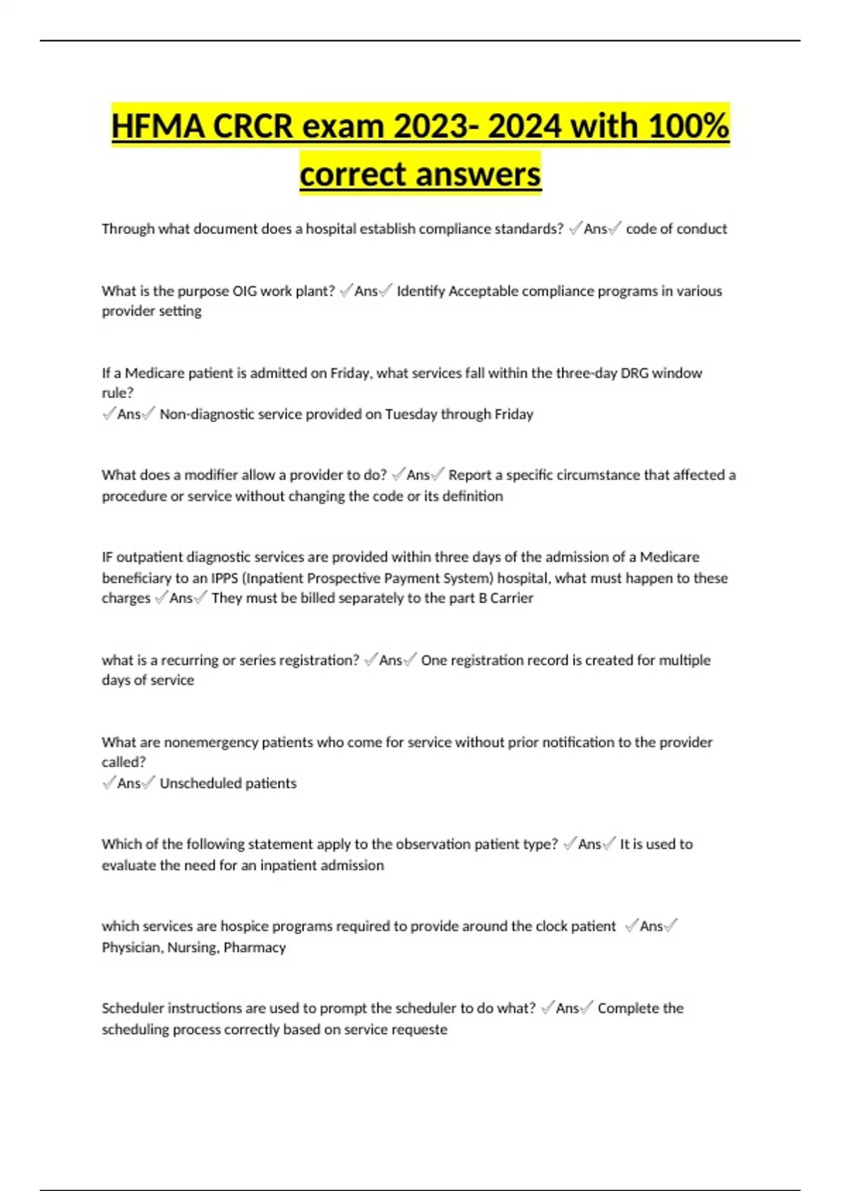 HFMA CRCR exam with 100% correct answers - HFMA CRCR - Stuvia US