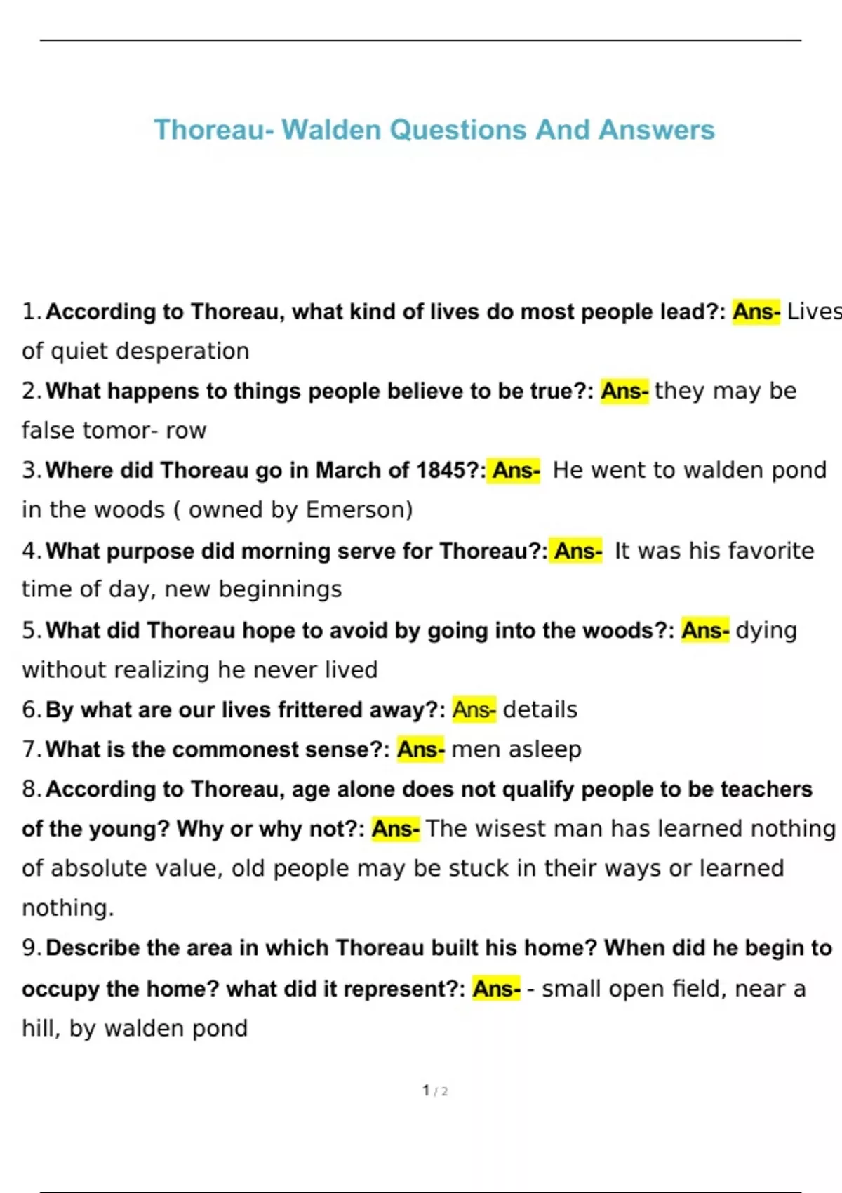 Walden Study Guide Questions and Answers 2024 with complete solution ...