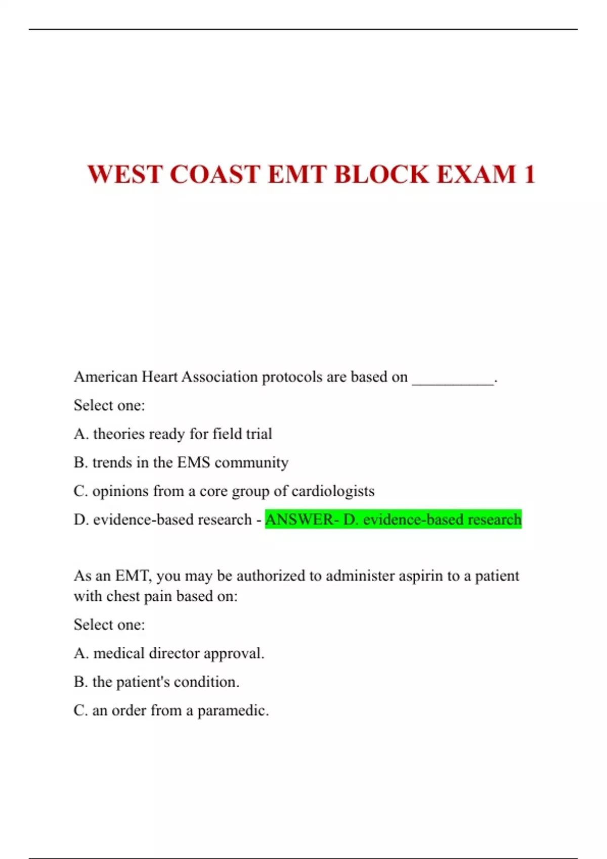WEST COAST EMT BLOCK EXAM 1 - WEST COAST EMT BLOCK - Stuvia US