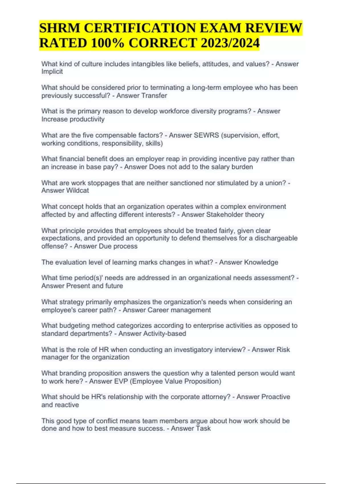 SHRM CERTIFICATION Exam Questions With Answers Latest Updated 2024 ...