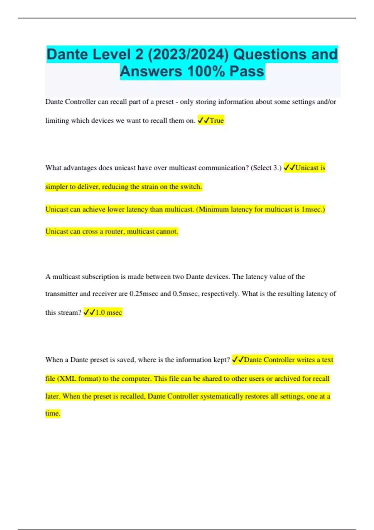 Dante Level 2 (2023/2024) Questions and Answers 100% Pass - Dante Level ...