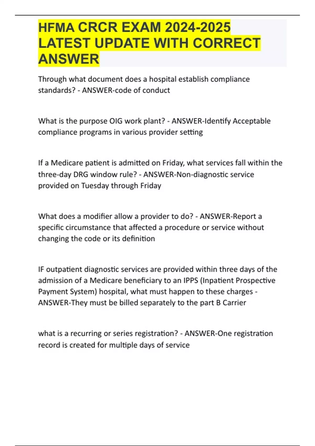 HFMA CRCR EXAM LATEST UPDATE WITH CORRECT ANSWER - HFMA CRCR - Stuvia US