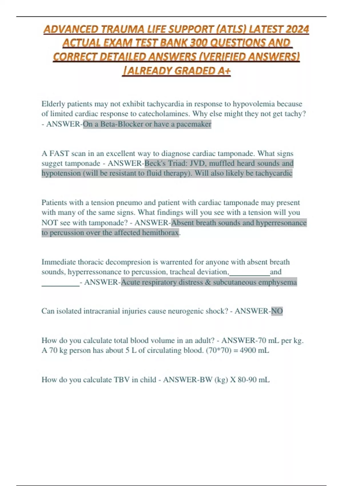 ADVANCED TRAUMA LIFE SUPPORT (ATLS) LATEST 2024 ACTUAL EXAM TEST BANK ...