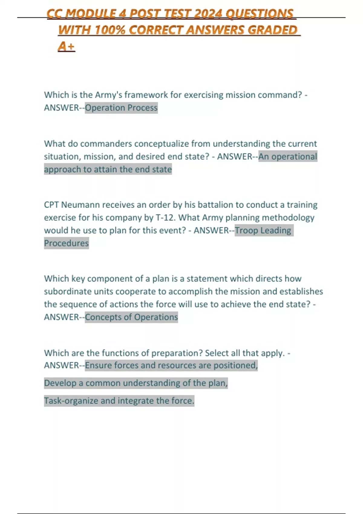 Ccc Module 4 Post Test 2024 Questions With 100 Correct Answers Graded A Ccc Module 4 Stuvia Us