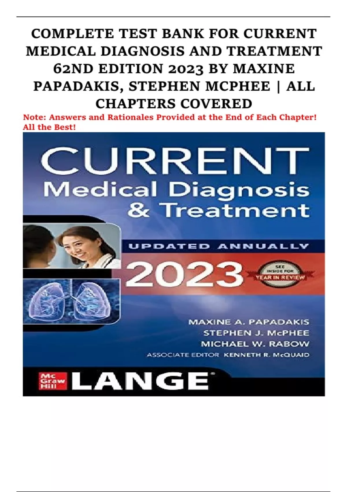 COMPLETE TEST BANK FOR CURRENT MEDICAL DIAGNOSIS AND TREATMENT 62ND ...