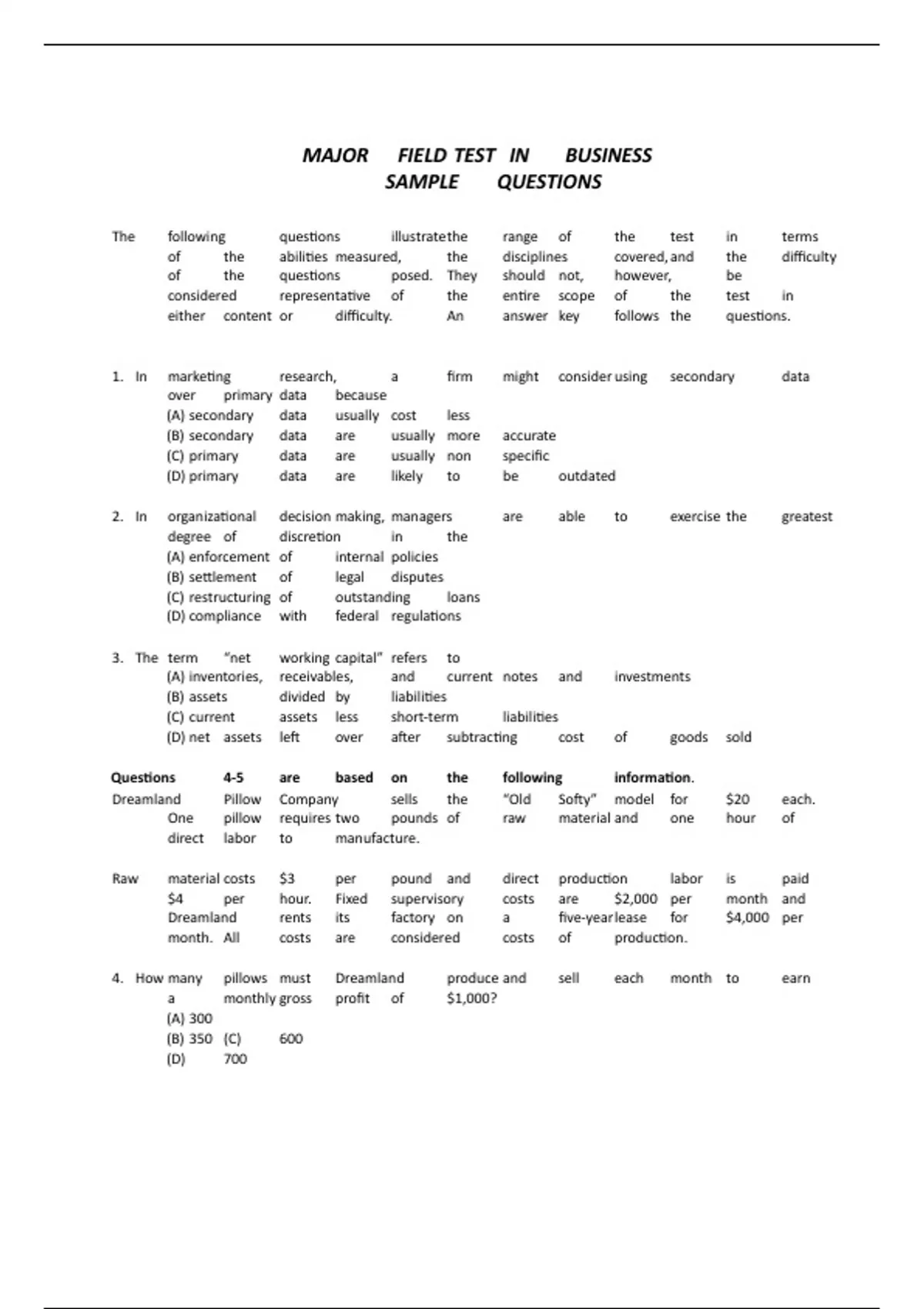 MAJOR FIELD TEST BUSINESS SAMPLEQUESTIONS AND ANSWERS 100% COMPLTE TEST ...