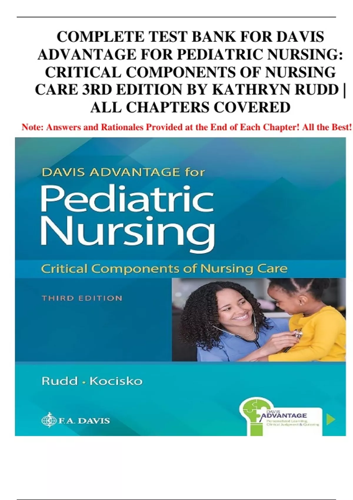 COMPLETE TEST BANK FOR DAVIS ADVANTAGE FOR PEDIATRIC NURSING: CRITICAL ...