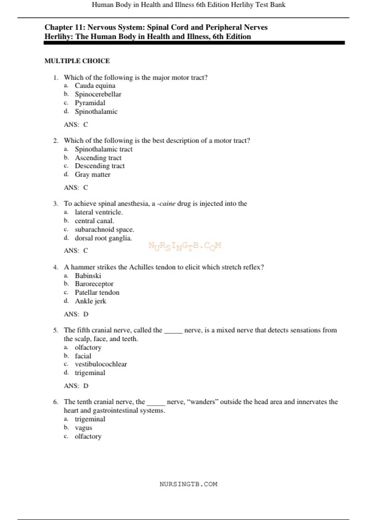 Chapter 11: Nervous System: Spinal Cord and Peripheral Nerves Herlihy ...