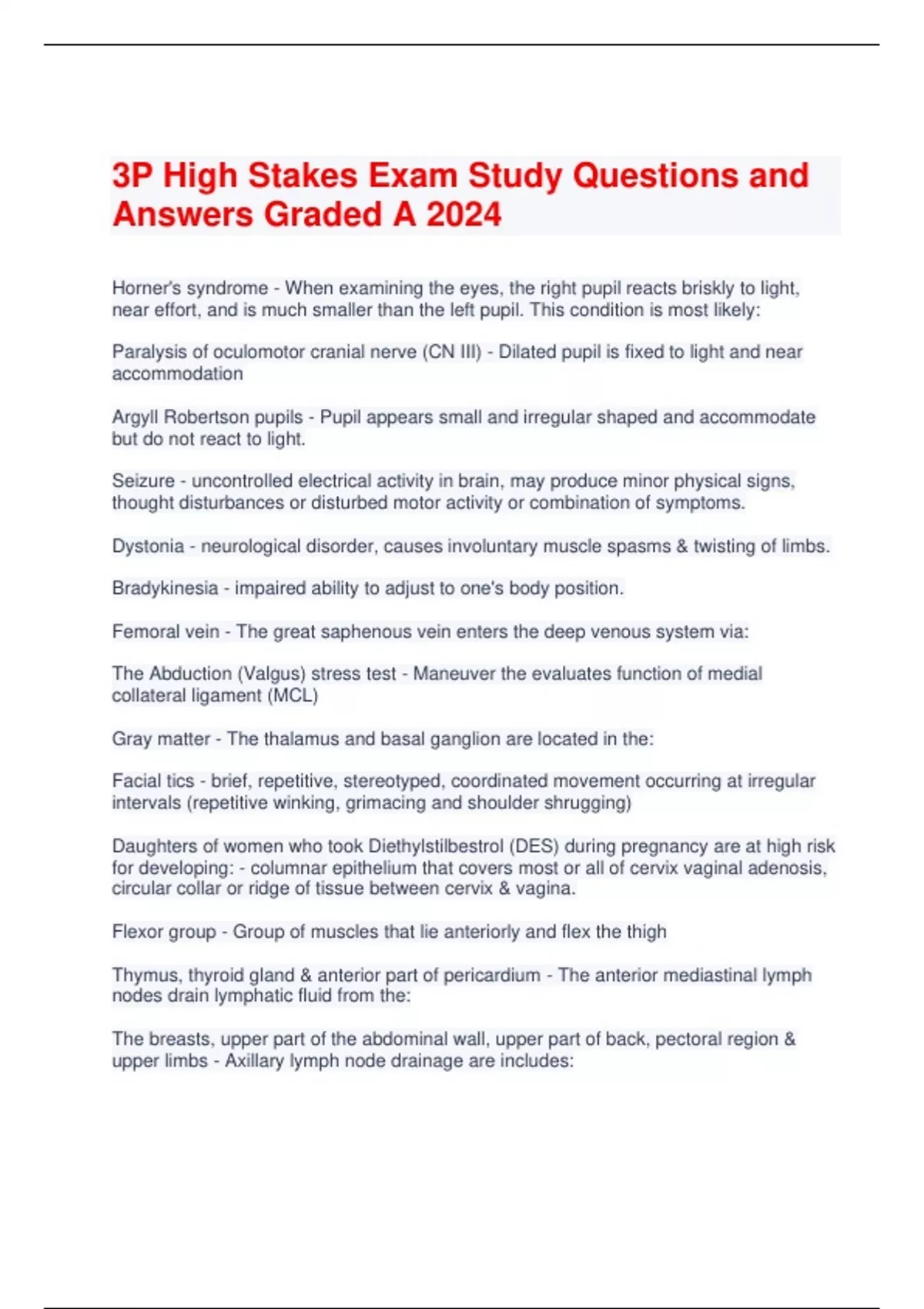 3P High Stakes Exam Study Questions and Answers Graded A 2024 - 3P High ...