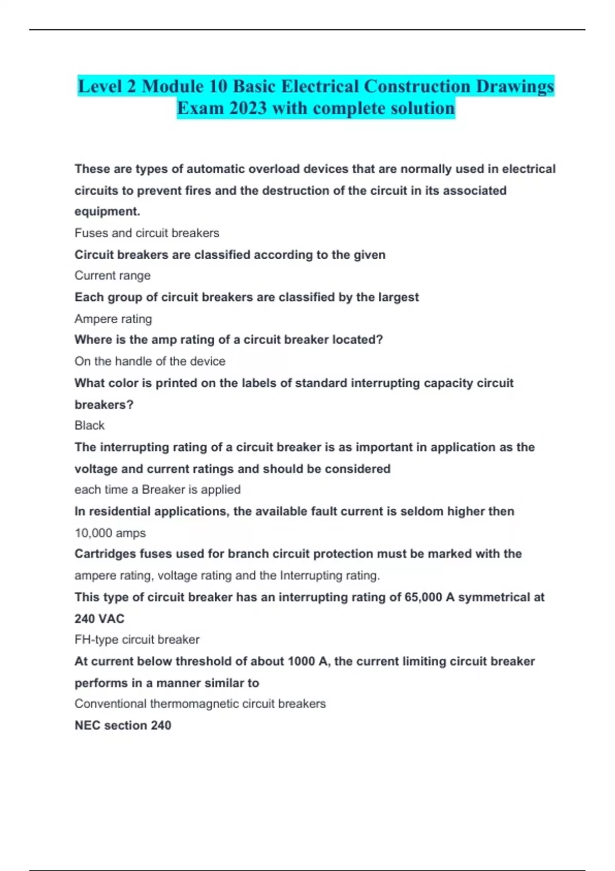 Level 2 Module 10 Basic Electrical Construction Drawings Exam 2023 with ...