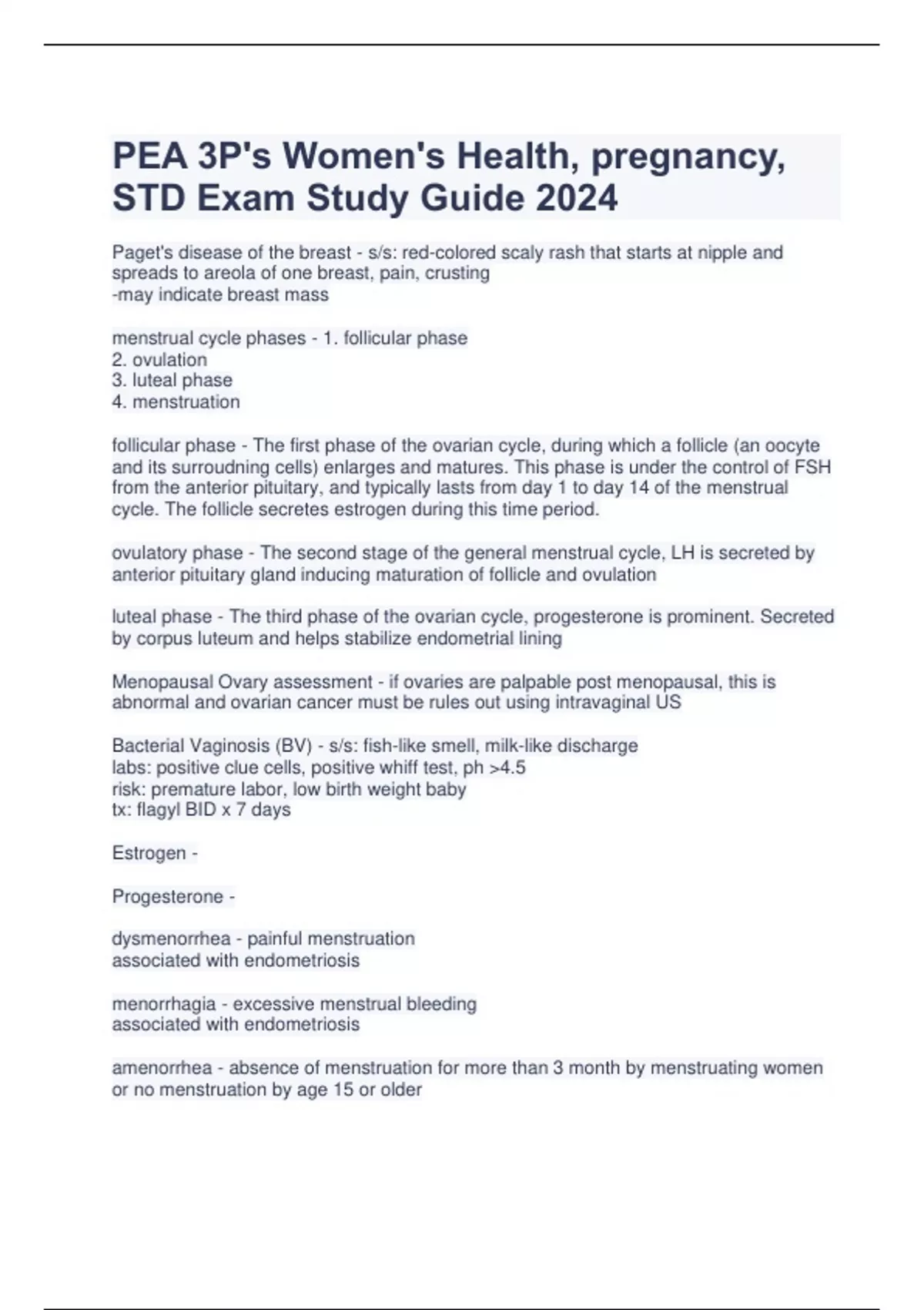 PEA 3P's Women's Health, pregnancy, STD Exam Study Guide 2024 - APEA 3P ...