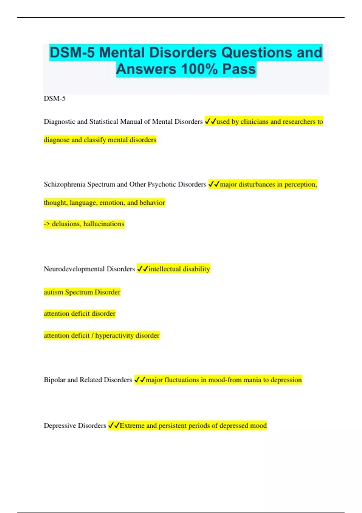 DSM-5 Mental Disorders Questions and Answers 100% Pass - DSM-5 Mental ...