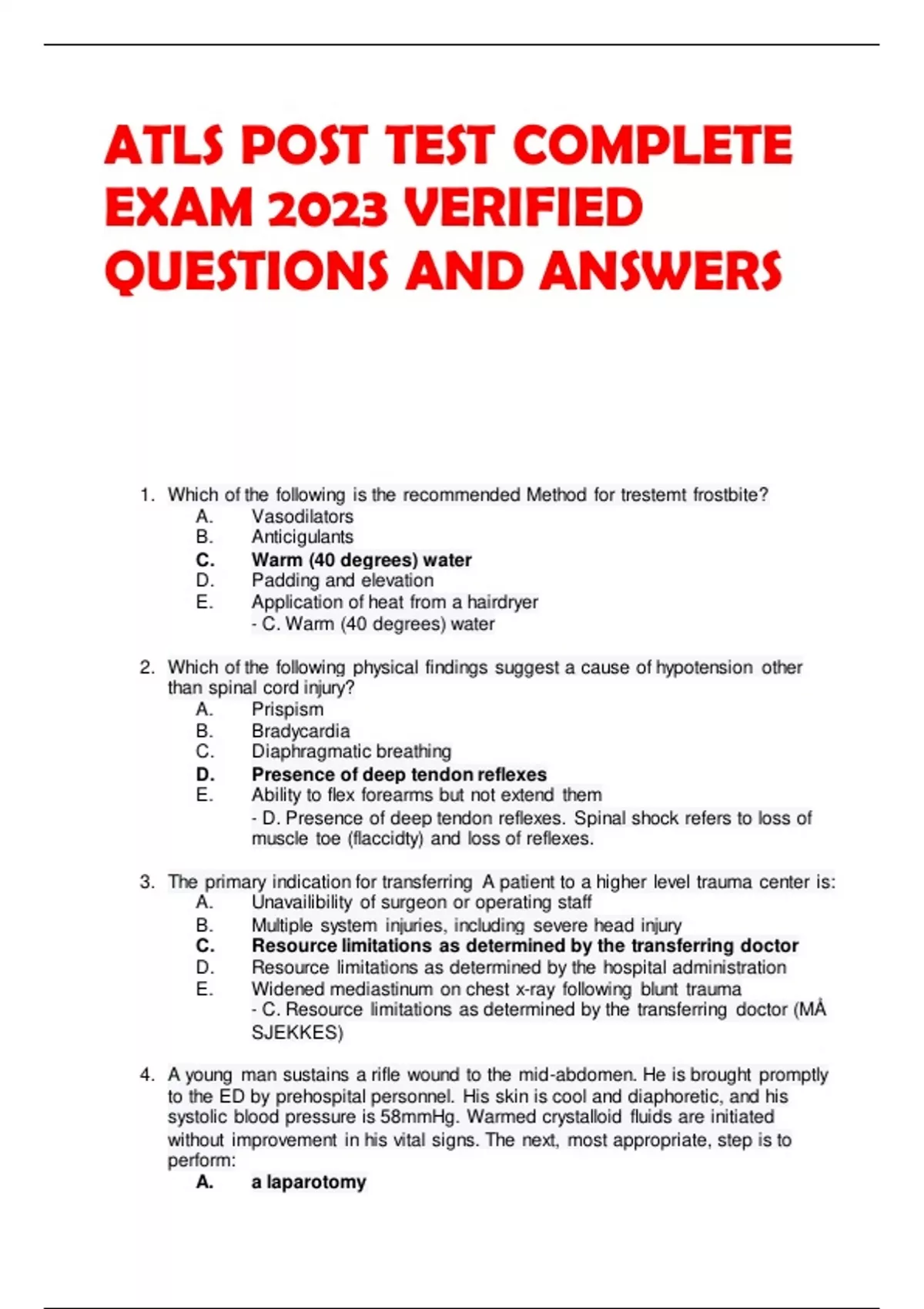 ATLS POST TEST COMPLETE EXAM 2023 VERIFIED QUESTIONS AND ANSWERS ATLS